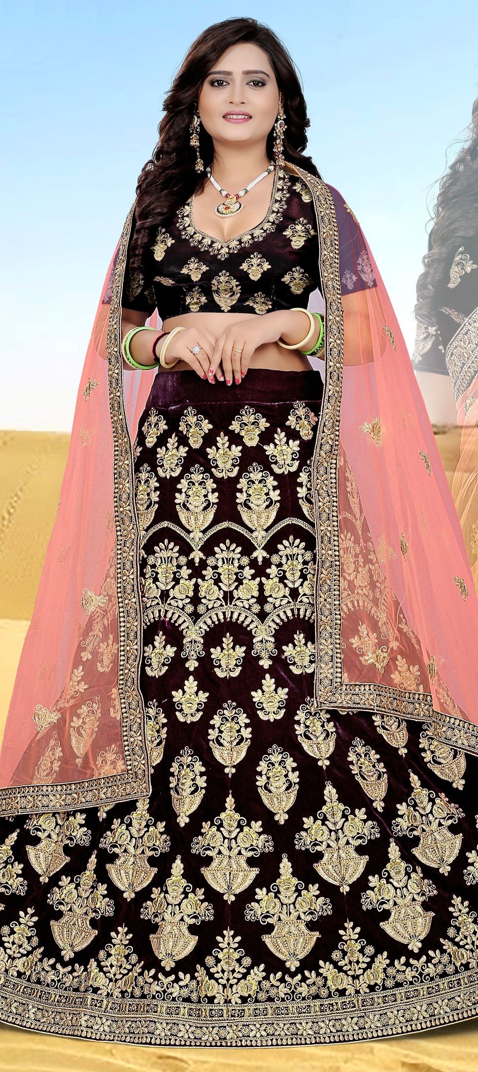 1536106: Bridal Purple and Violet color Velvet fabric Lehenga