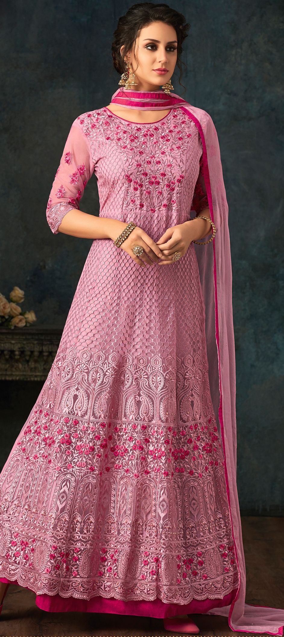 1536680: Party Wear Pink and Majenta color Net fabric Salwar Kameez