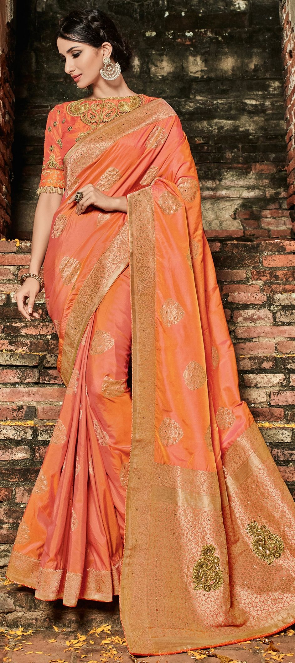 1536744: Traditional Orange color Banarasi Silk, Silk fabric Saree