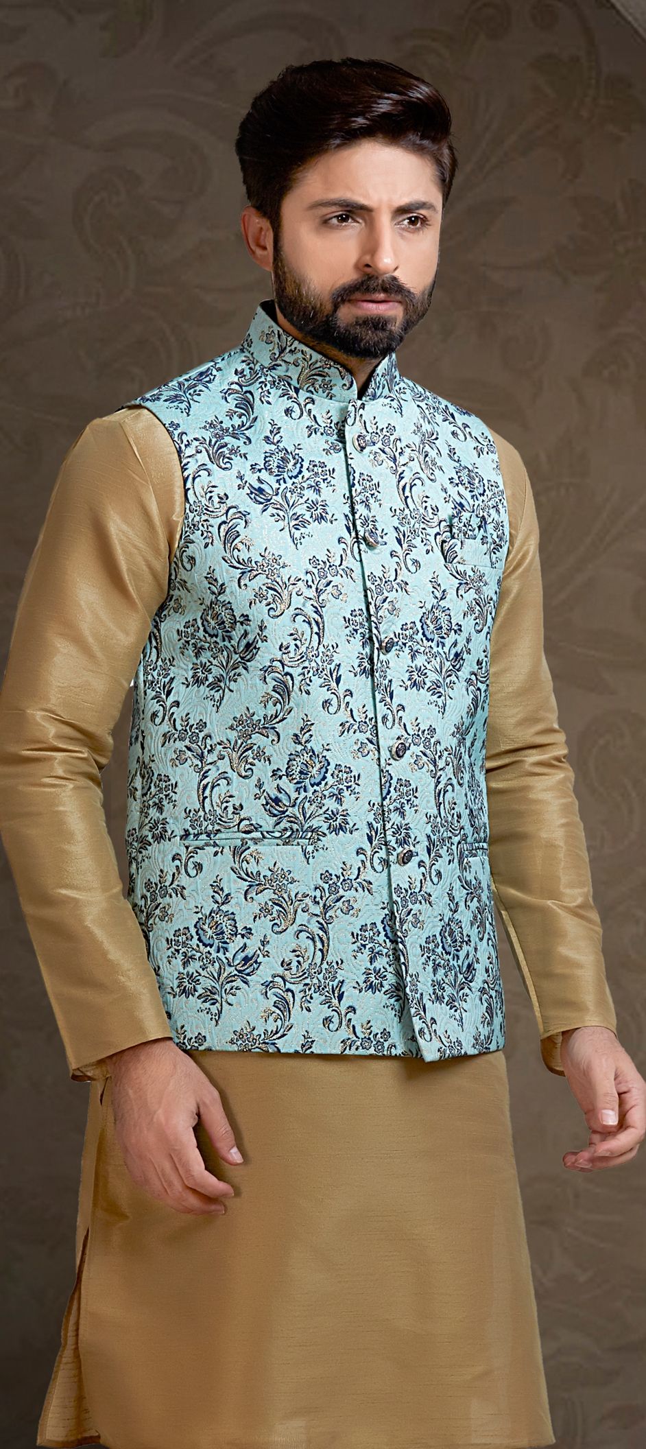 1536791: Blue color Brocade fabric Nehru Jacket