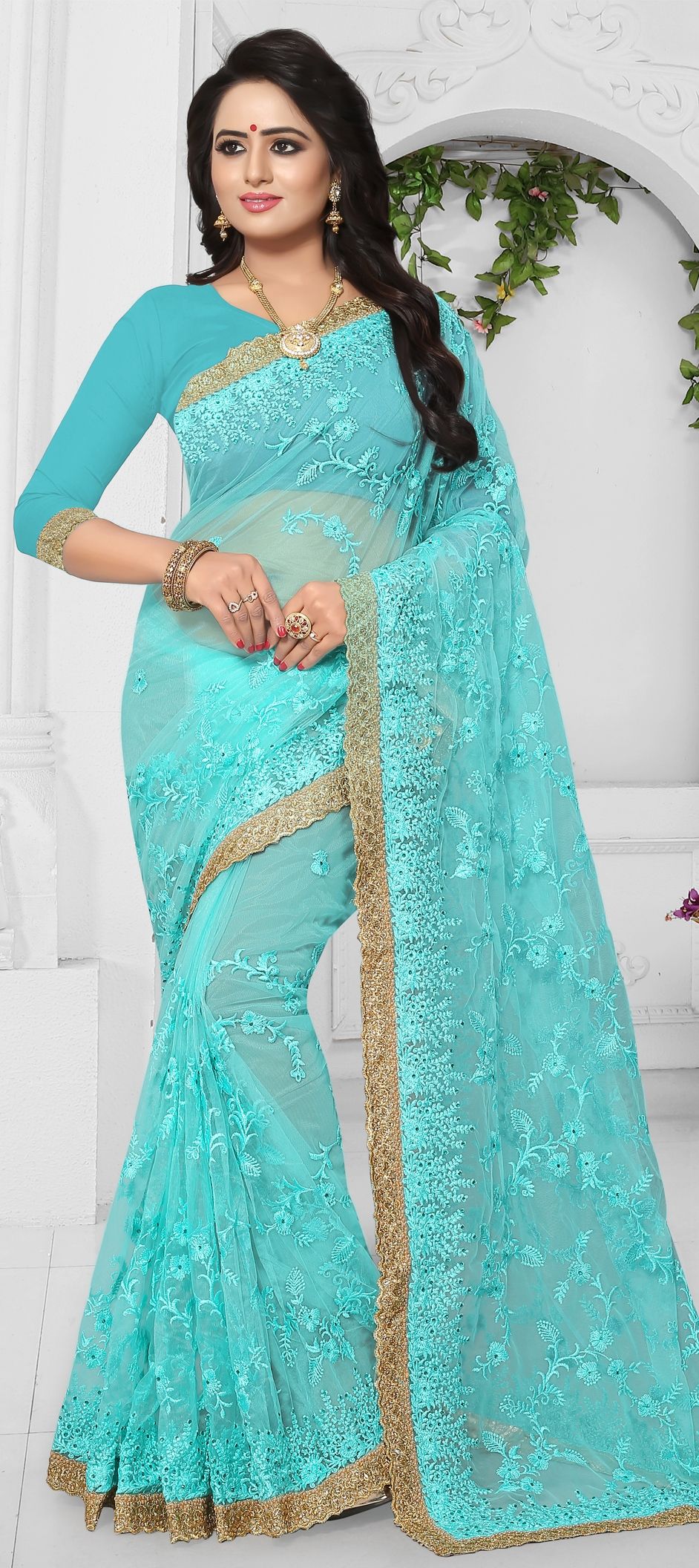 Wedding Blue color Net fabric Saree : 1537622