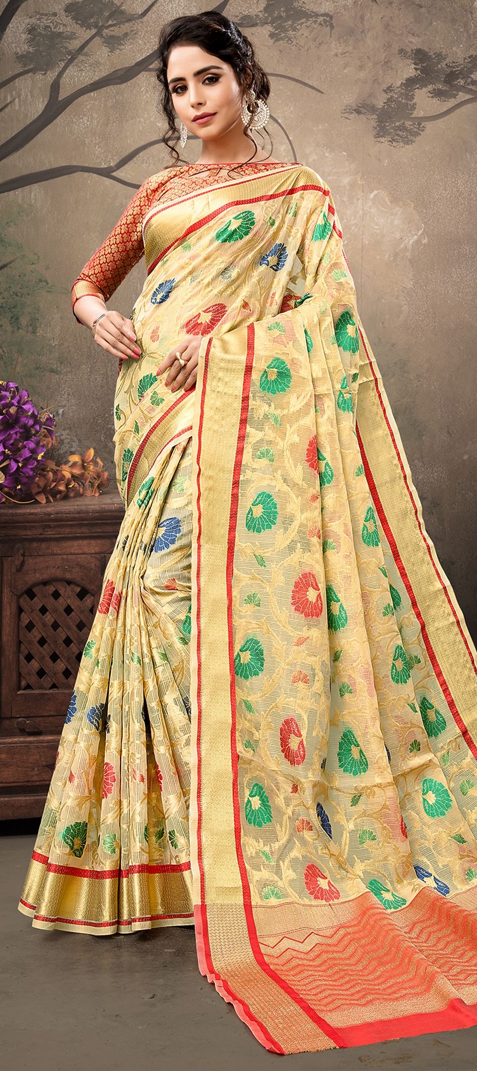 1541830: Traditional Beige and Brown color Banarasi Silk, Silk fabric Saree