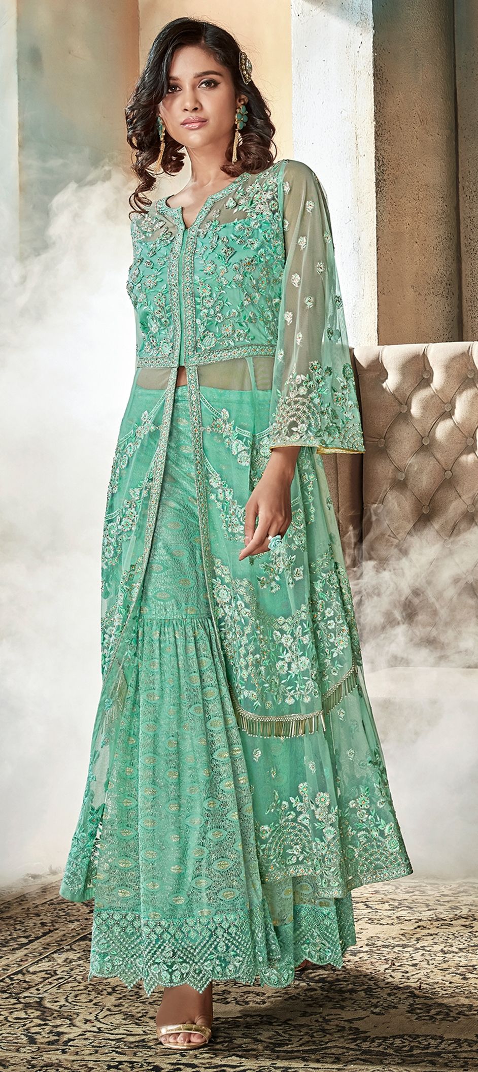 1542968: Party Wear Green color Net fabric Salwar Kameez