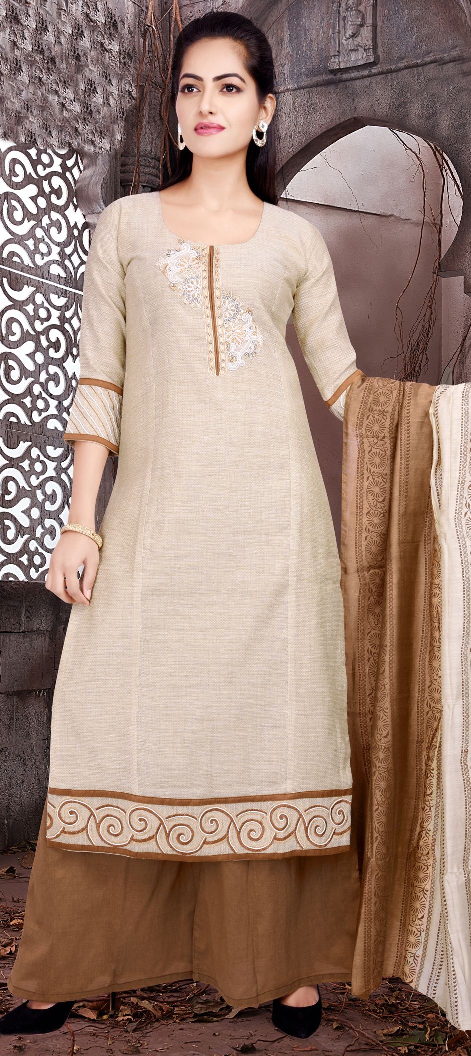 1543580: Party Wear Beige and Brown color Chanderi Silk fabric Salwar ...