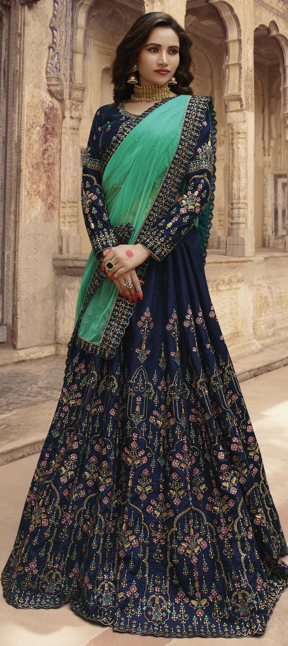 1543634: Mehendi Sangeet Blue color Art Silk fabric Lehenga