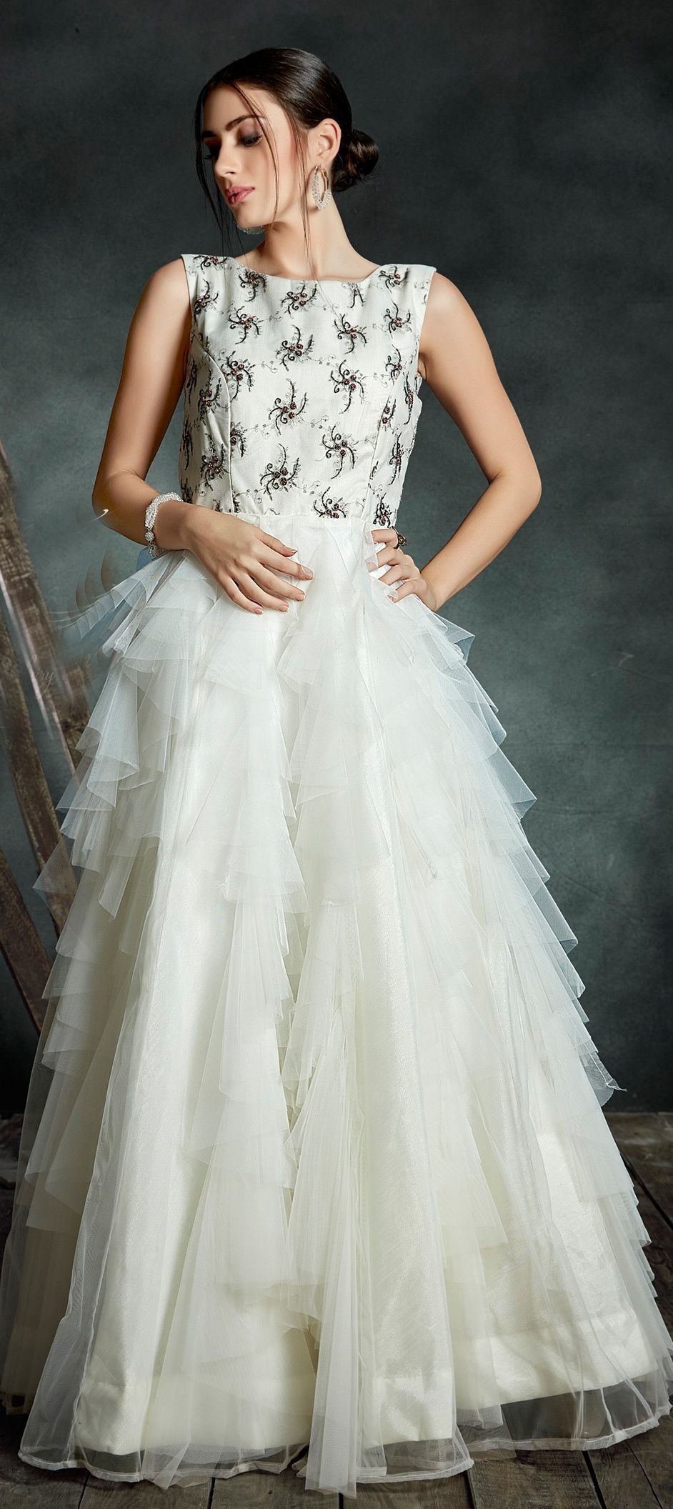1544854: Casual White and Off White color Net fabric Gown