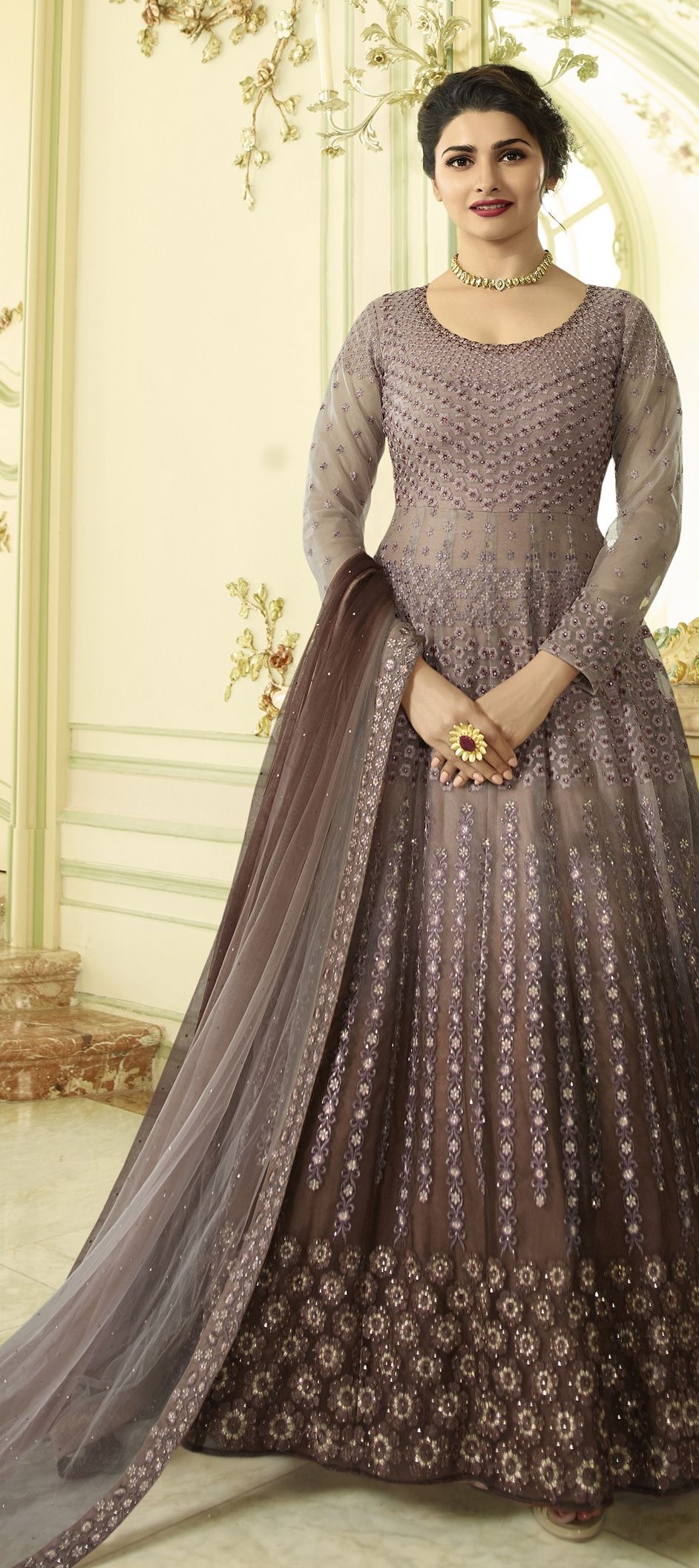 Bollywood Beige and Brown color Net fabric Salwar Kameez : 1545283