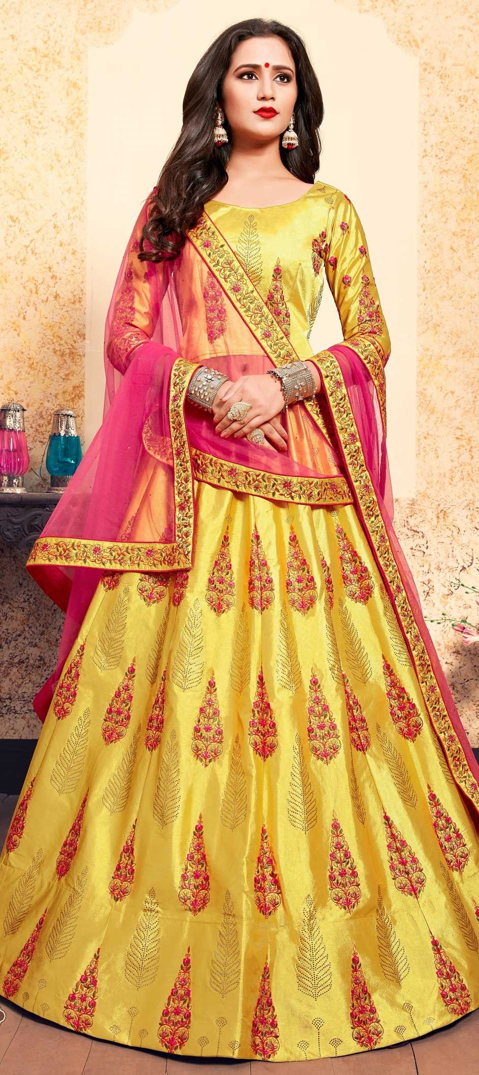 1545482: Mehendi Sangeet Yellow color Satin Silk fabric Lehenga