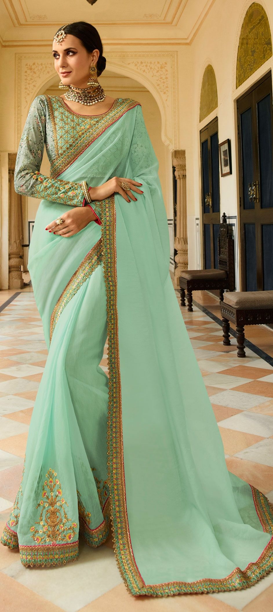 Party Wear, Traditional Green color Organza Silk, Silk fabric Saree ...