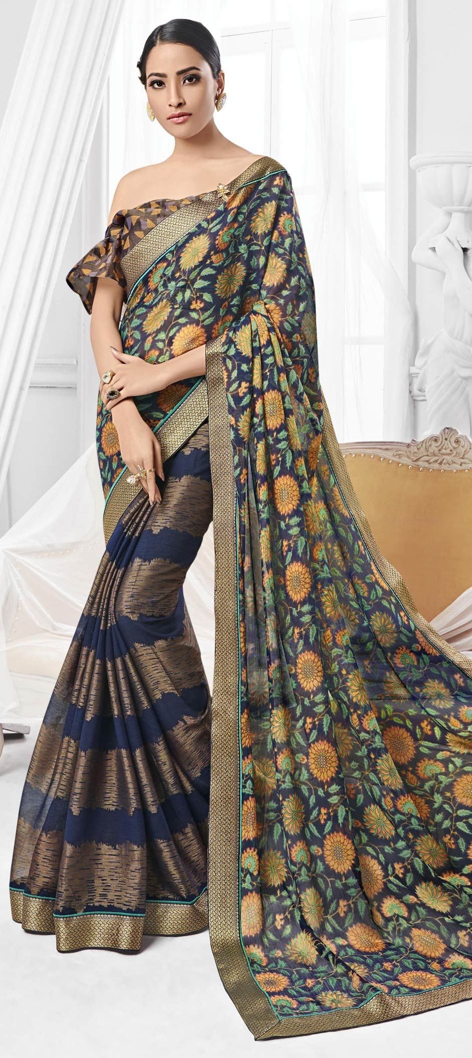 1547472: Party Wear Multicolor color Brasso, Chiffon fabric Saree