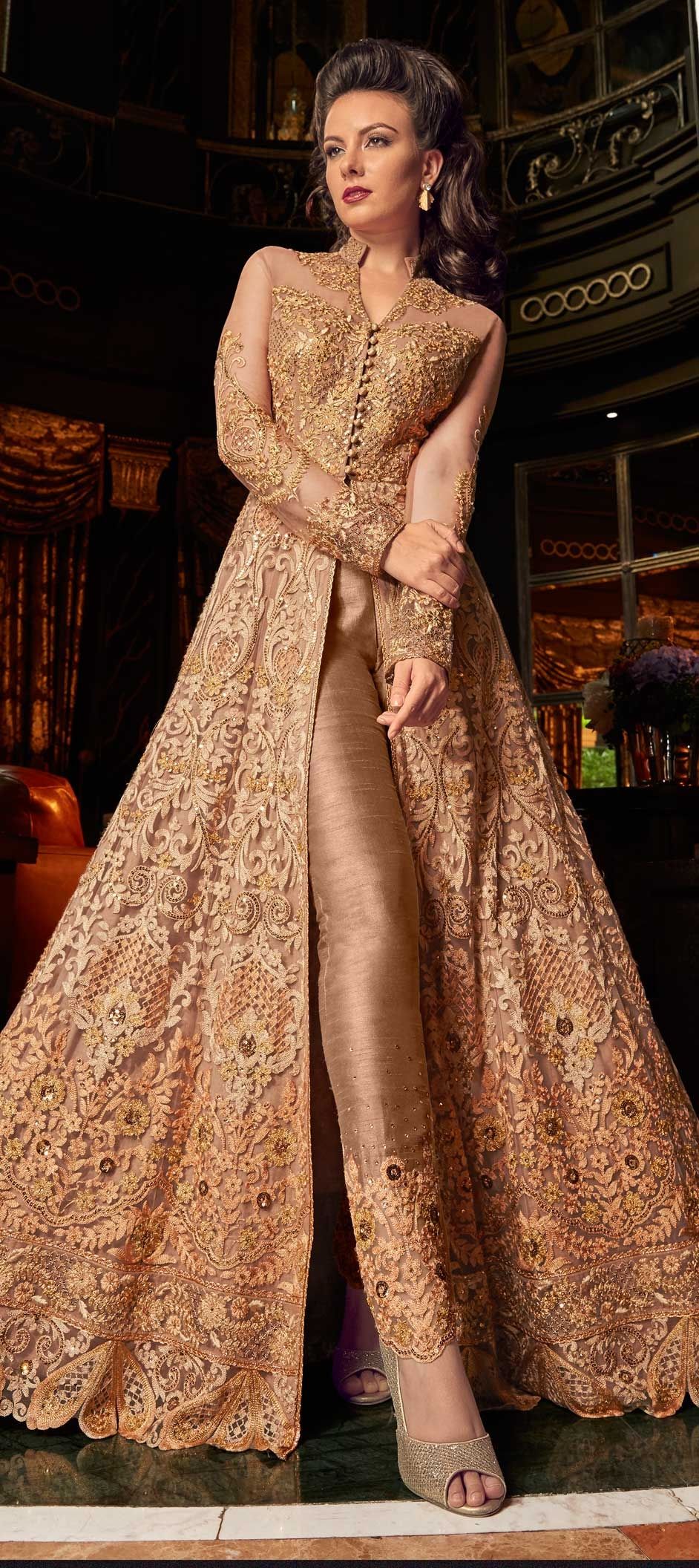 1547638: Party Wear Beige and Brown color Net fabric Salwar Kameez