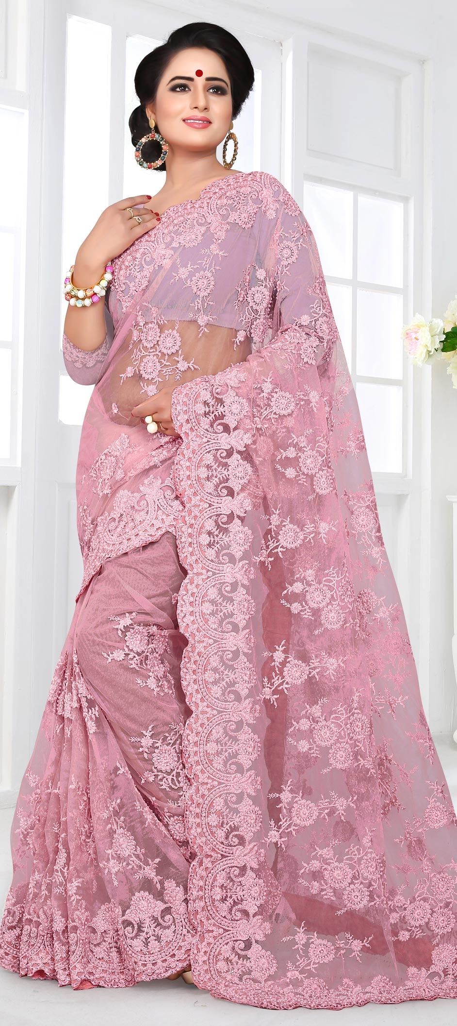 1549799: Party Wear Pink and Majenta color Net fabric Saree