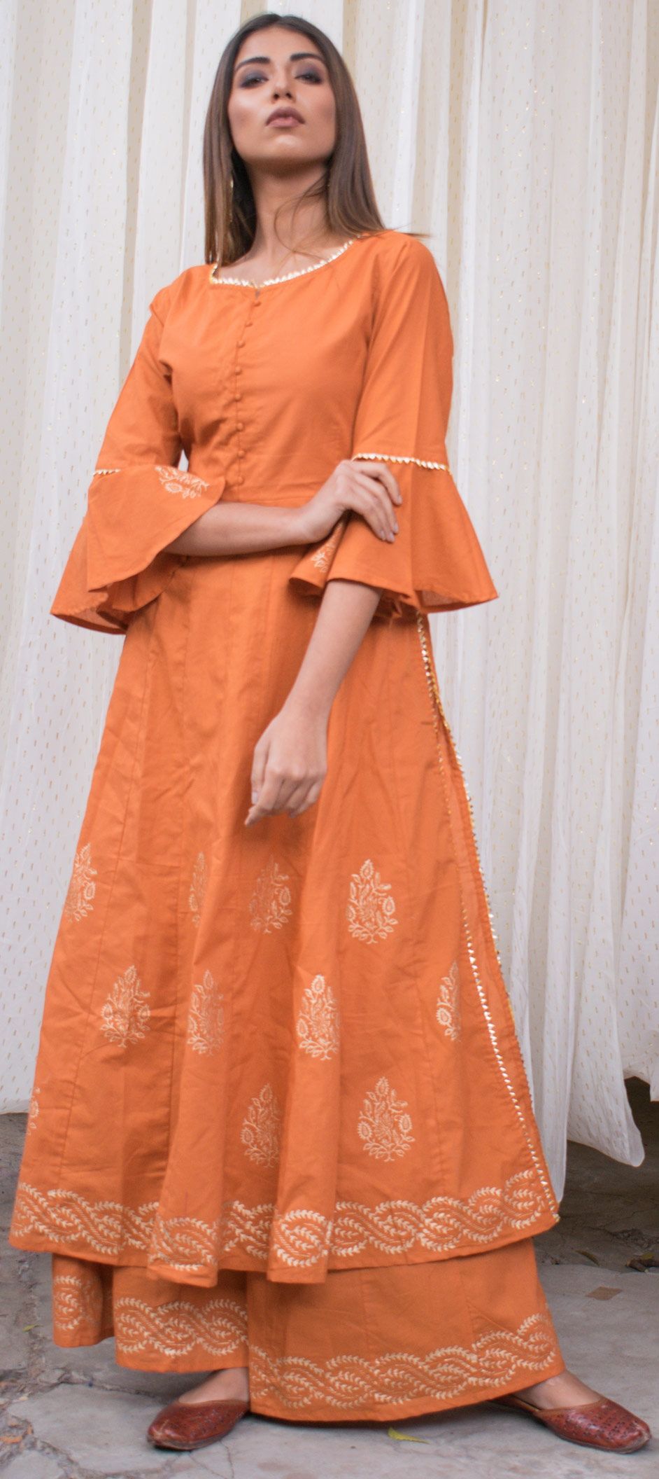 1550838: Designer Orange color Cotton fabric Tunic with Bottom