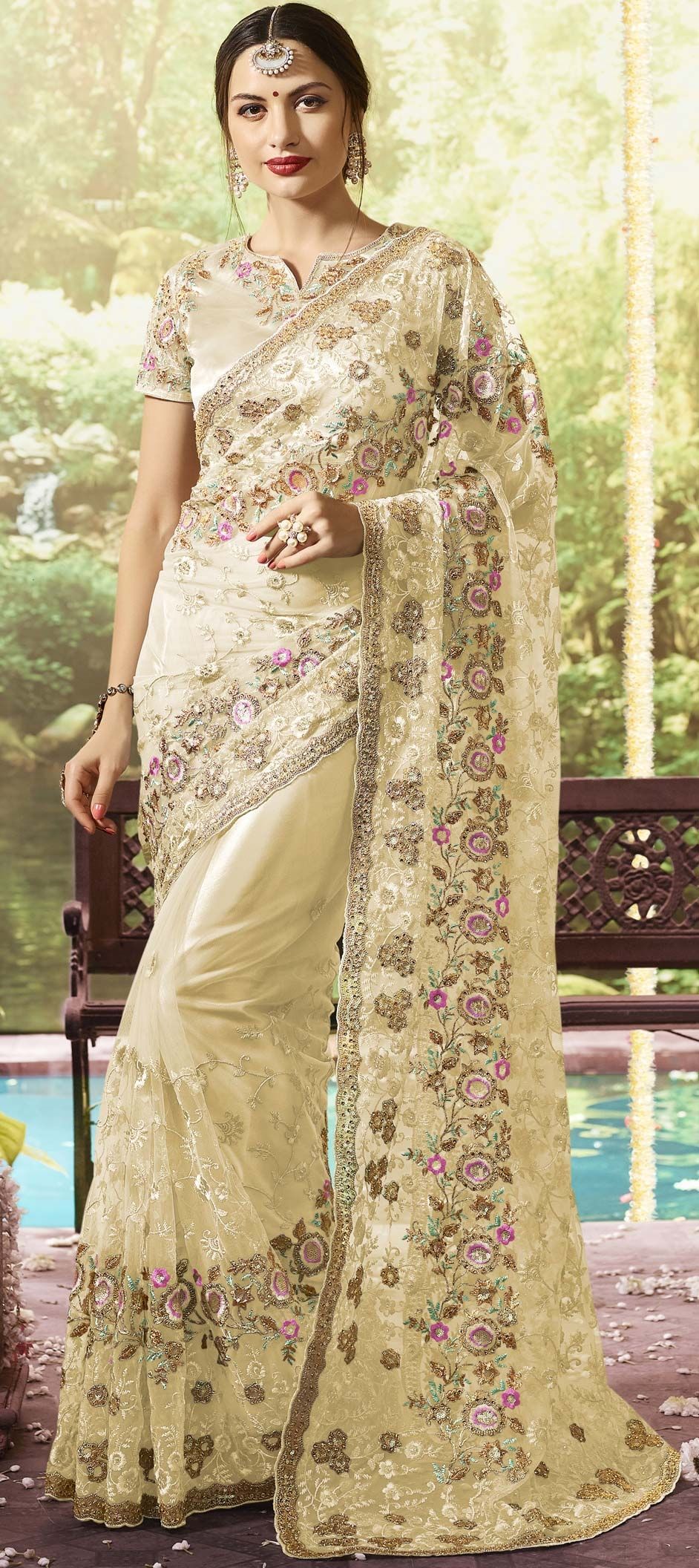 Party Wear, Reception Gold color Net fabric Saree : 1551473