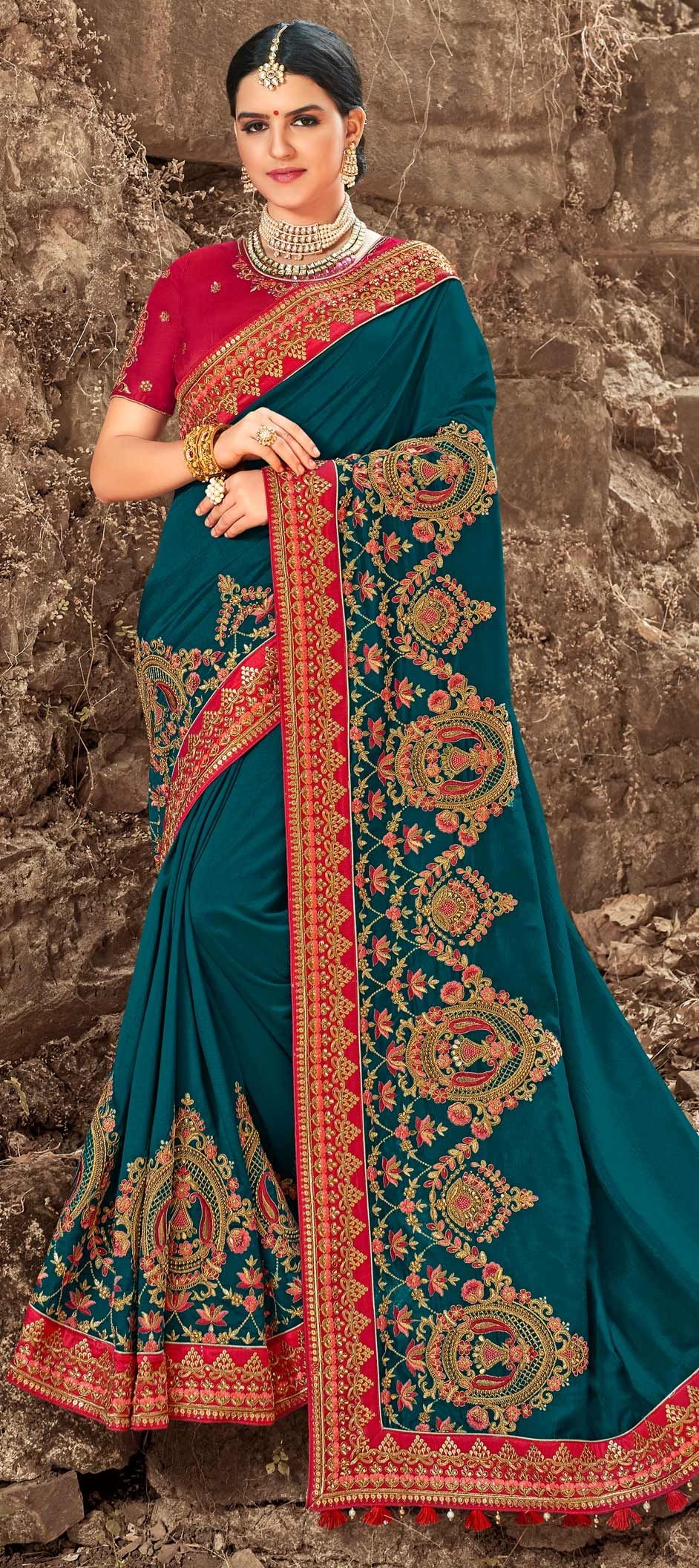 1551969: Reception, Traditional Blue color Satin Silk, Silk fabric Saree