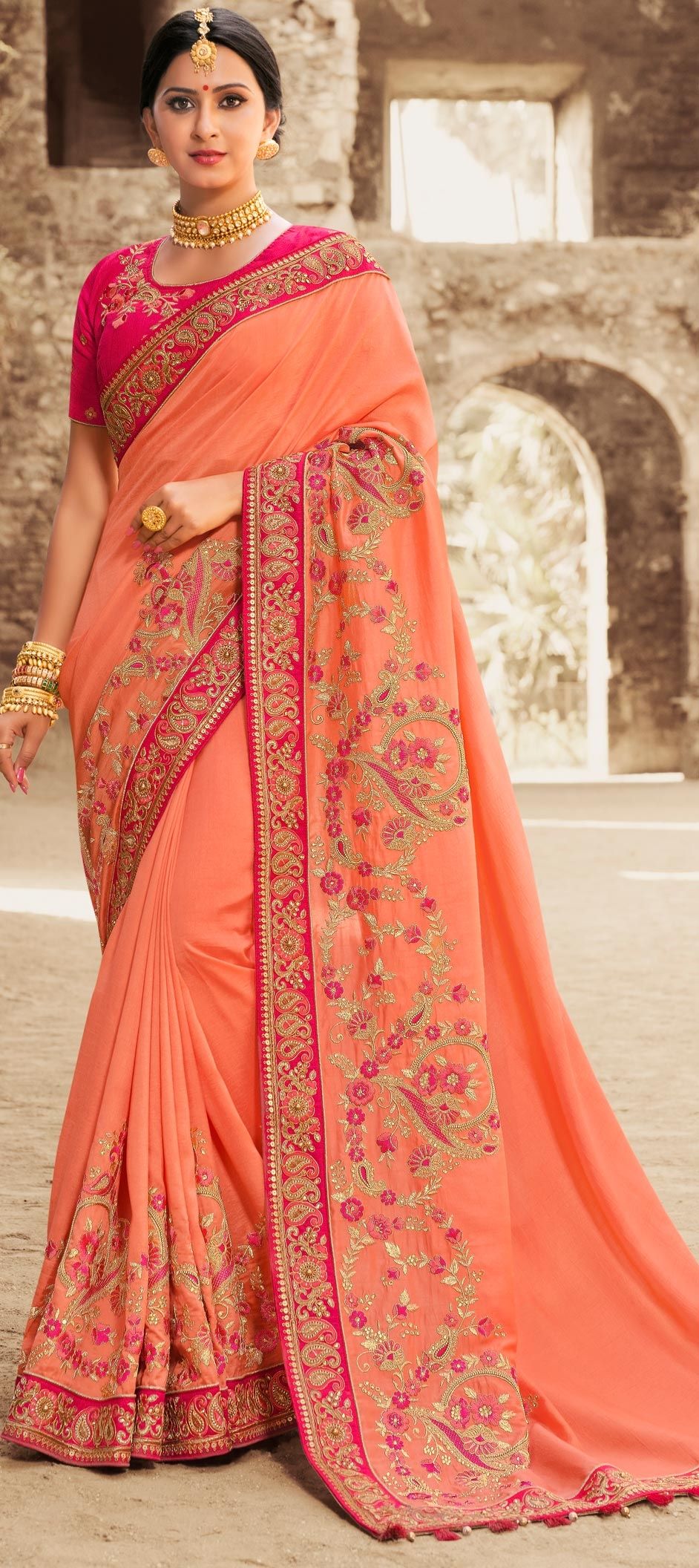 1551972: Reception, Traditional Orange color Satin Silk, Silk fabric Saree