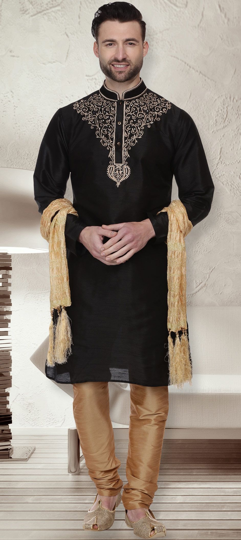 1554535: Black and Grey color Dupion Silk fabric Kurta Pyjamas