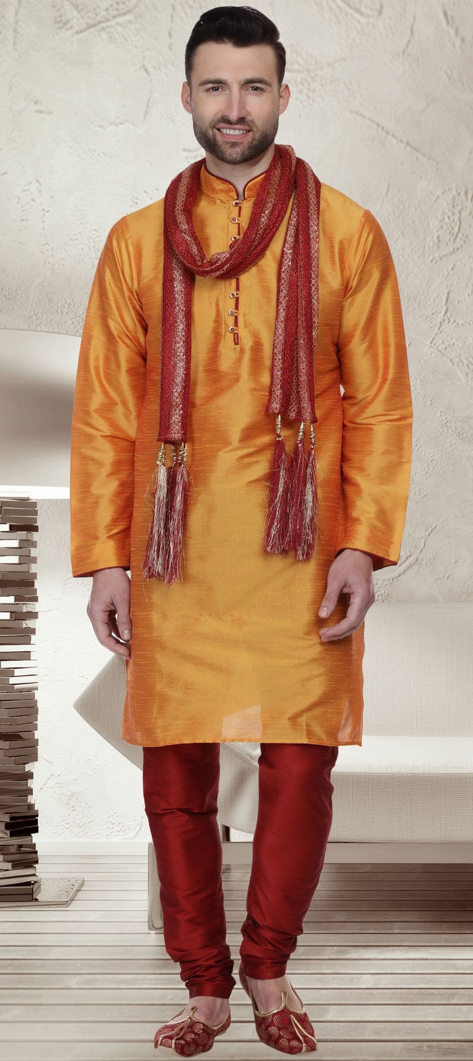 1554562: Orange color Dupion Silk fabric Kurta Pyjamas