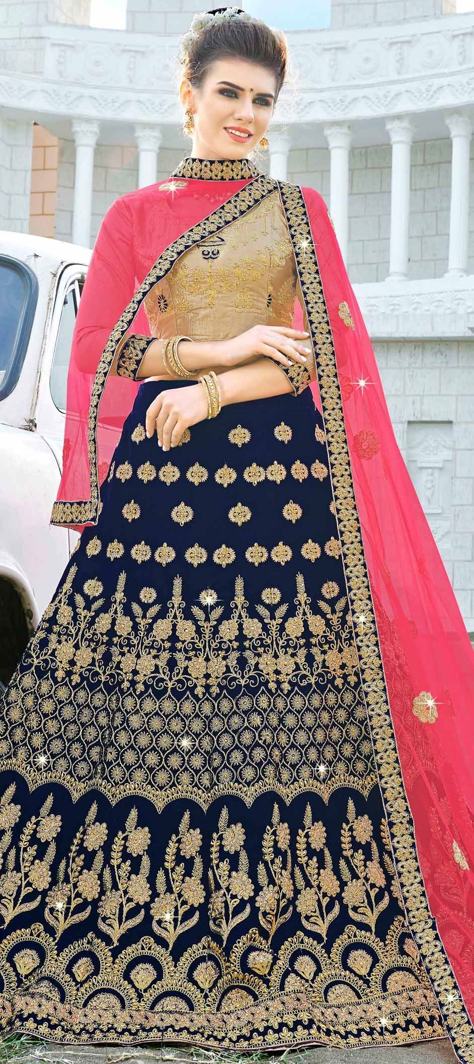 1555124: Mehendi Sangeet Blue color Velvet fabric Lehenga