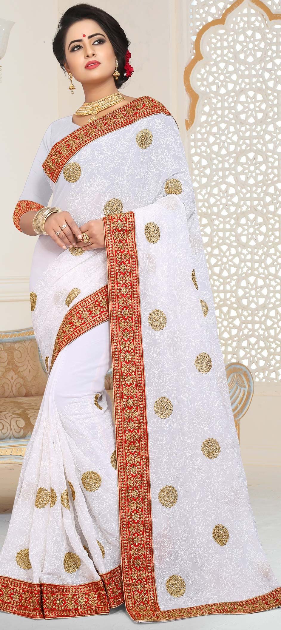 Party Wear White and Off White color Georgette fabric Saree : 1555586