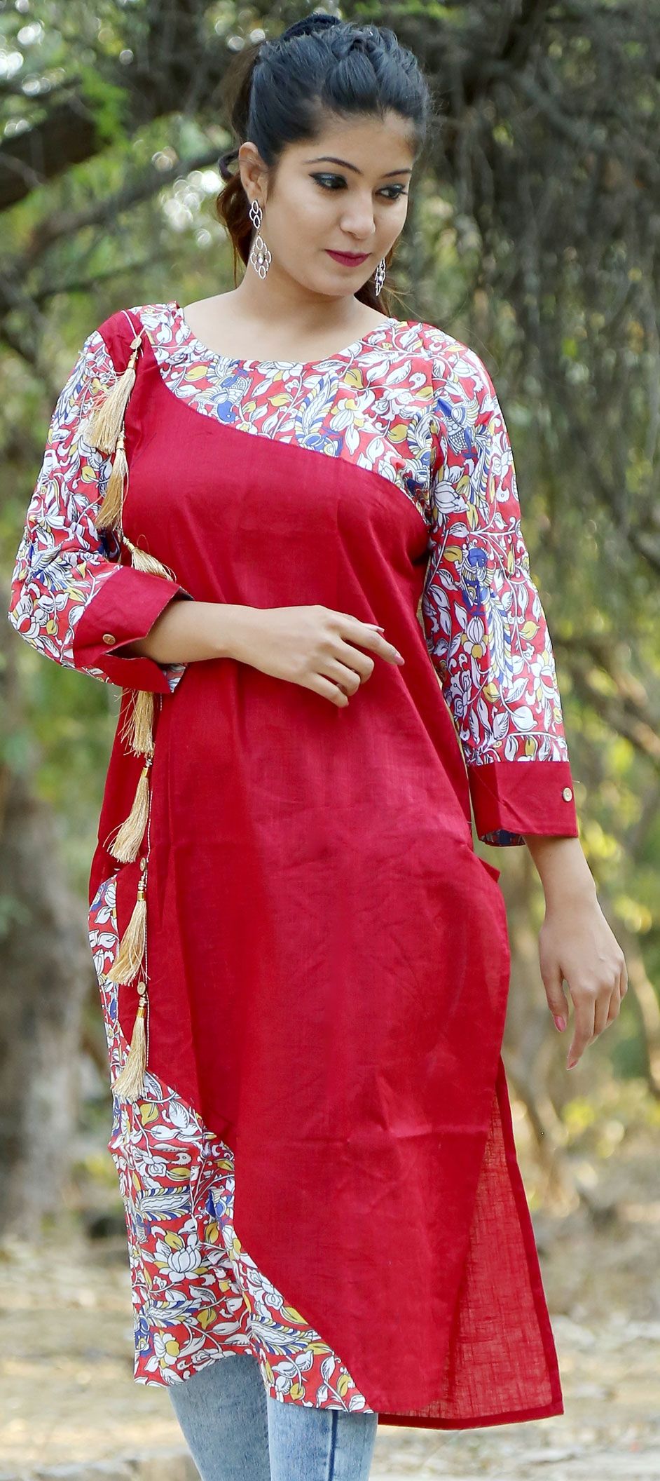 1557621: Casual Red and Maroon color Polyester Silk fabric Kurti