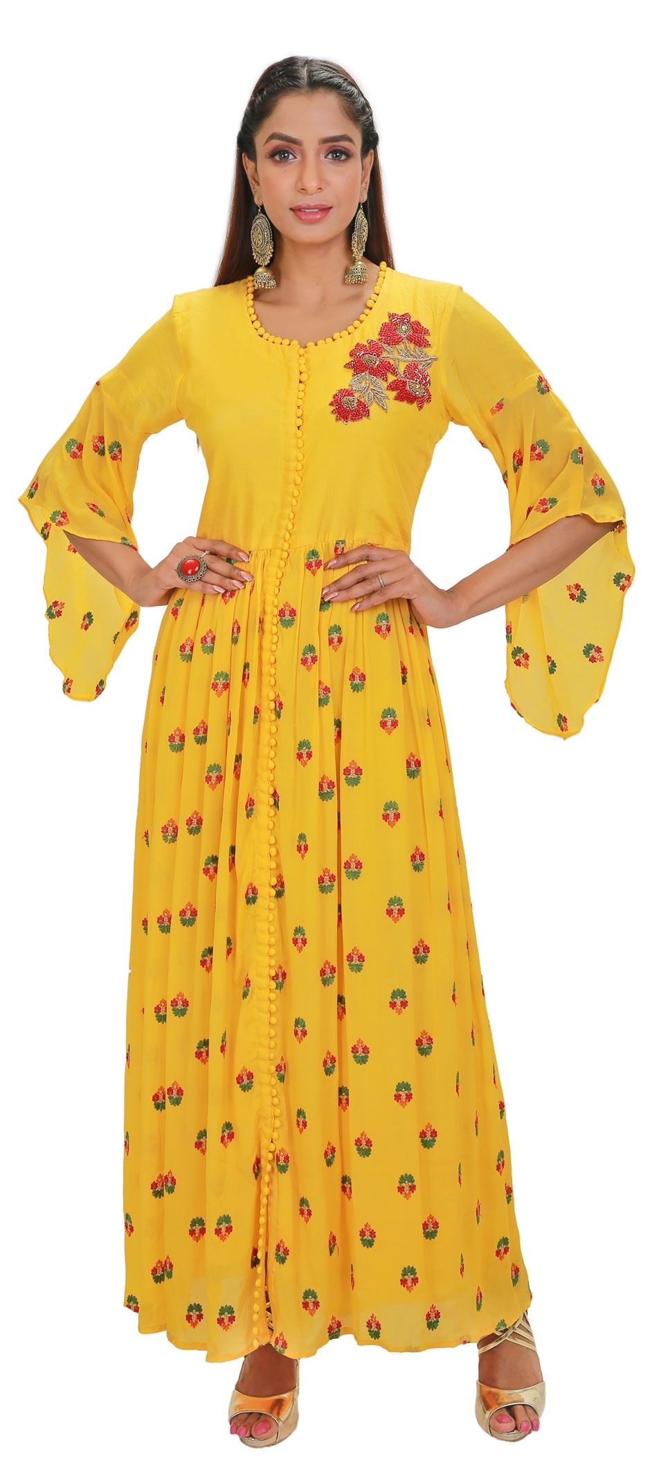 1558183: Designer Yellow color Bemberg, Chiffon fabric Kurti