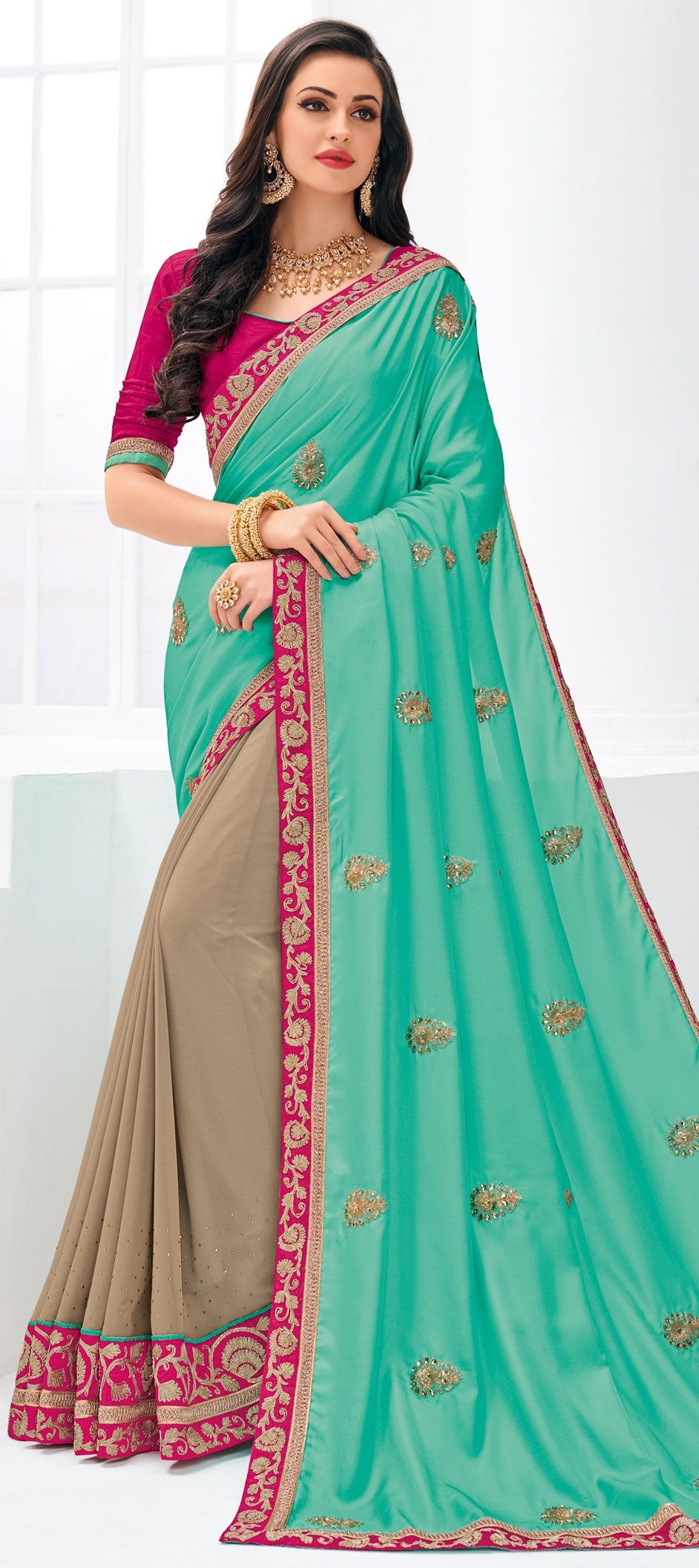 Casual, Party Wear, Traditional Beige and Brown, Green color Georgette ...