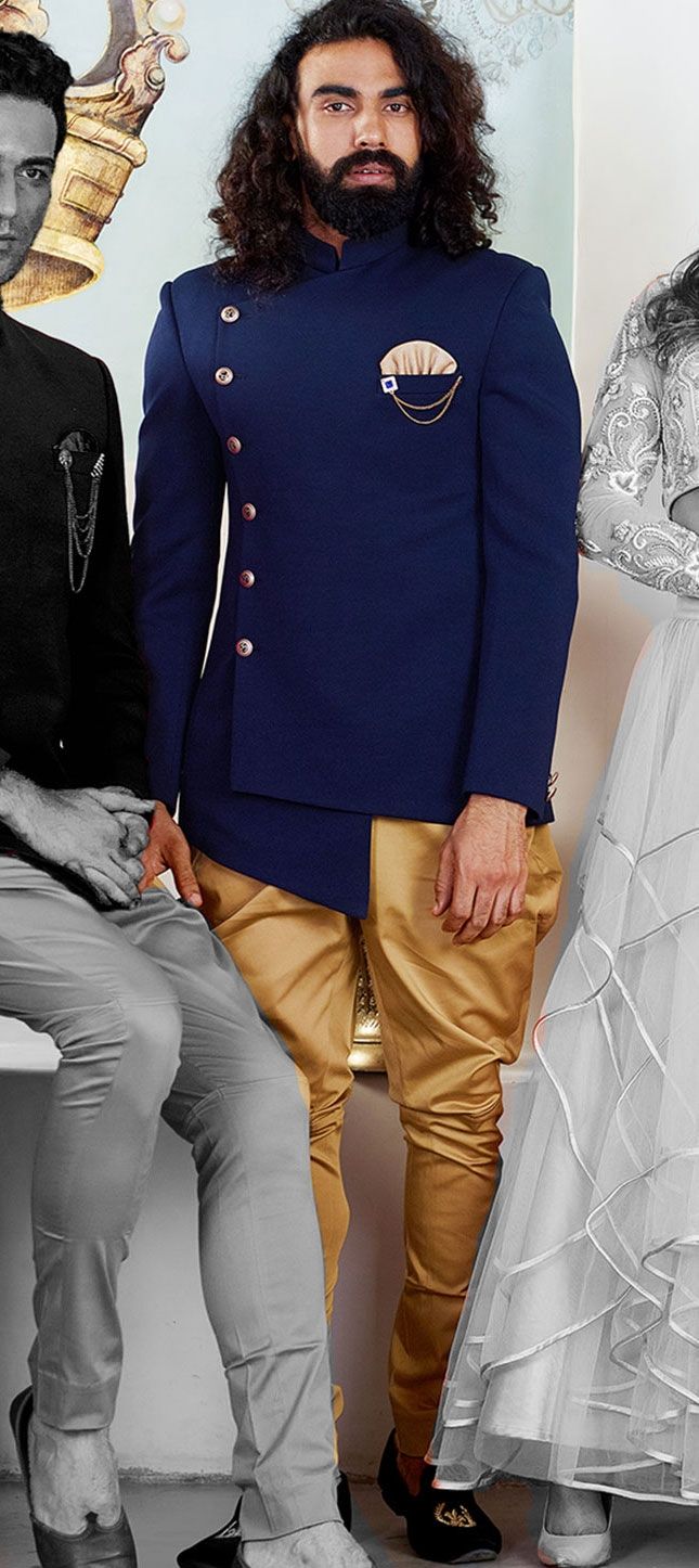 Blue color Jute fabric Jodhpuri Suit : 1561636