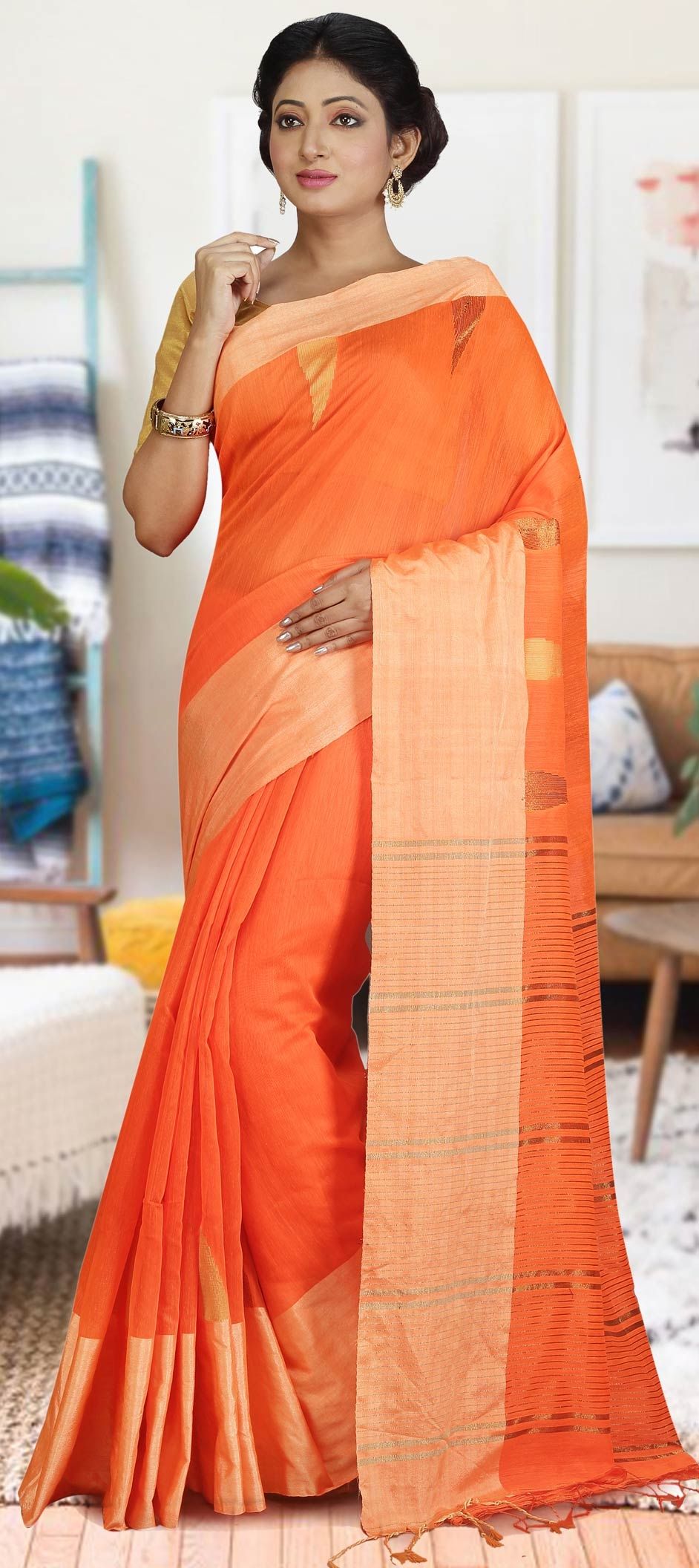 1562325: Traditional Orange color Art Silk, Cotton fabric Saree