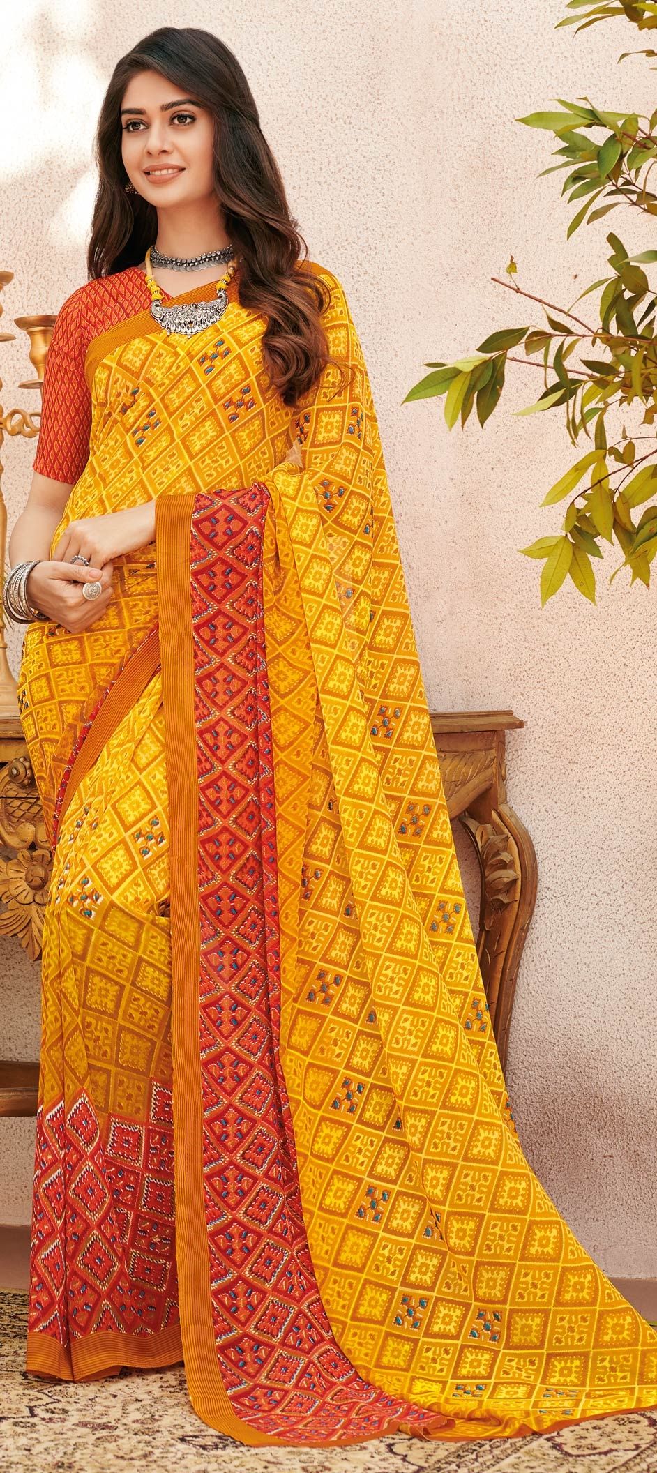 1563639: Casual Yellow color Georgette fabric Saree