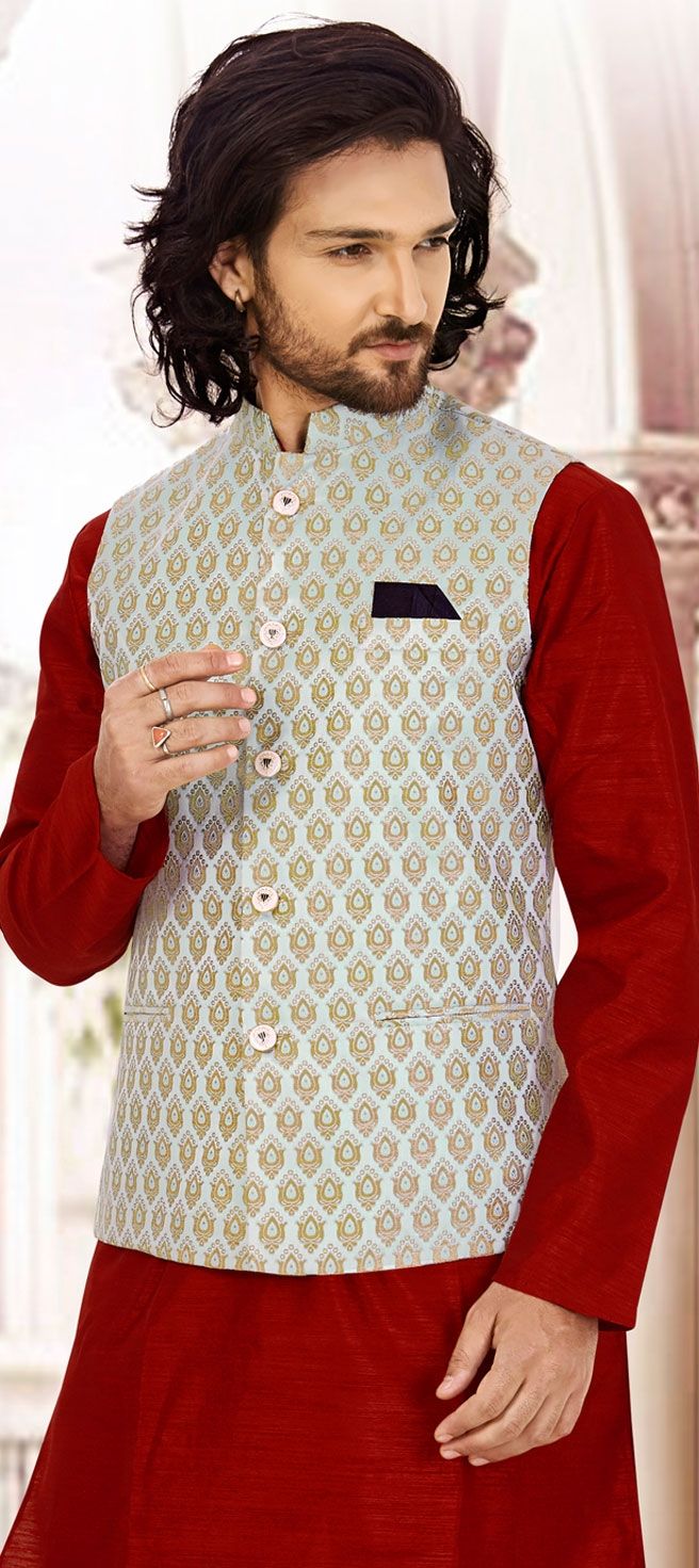 1563981: Blue color Brocade fabric Nehru Jacket
