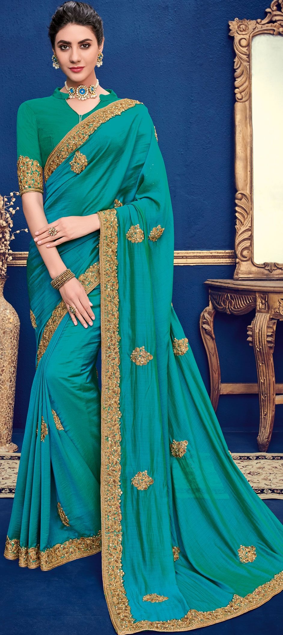 Party Wear, Traditional Blue color Faux Georgette fabric Saree : 1565732
