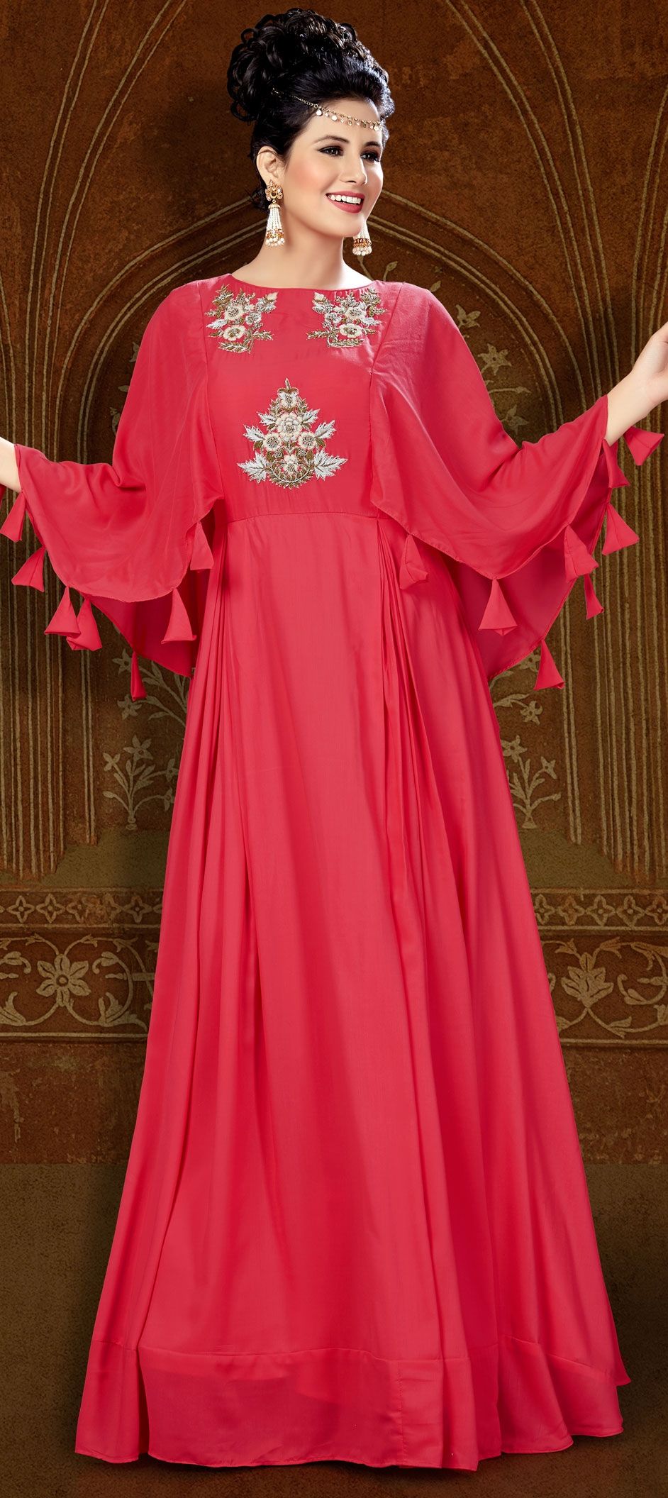 Party Wear, Reception Red and Maroon color Silk fabric Gown : 1565771
