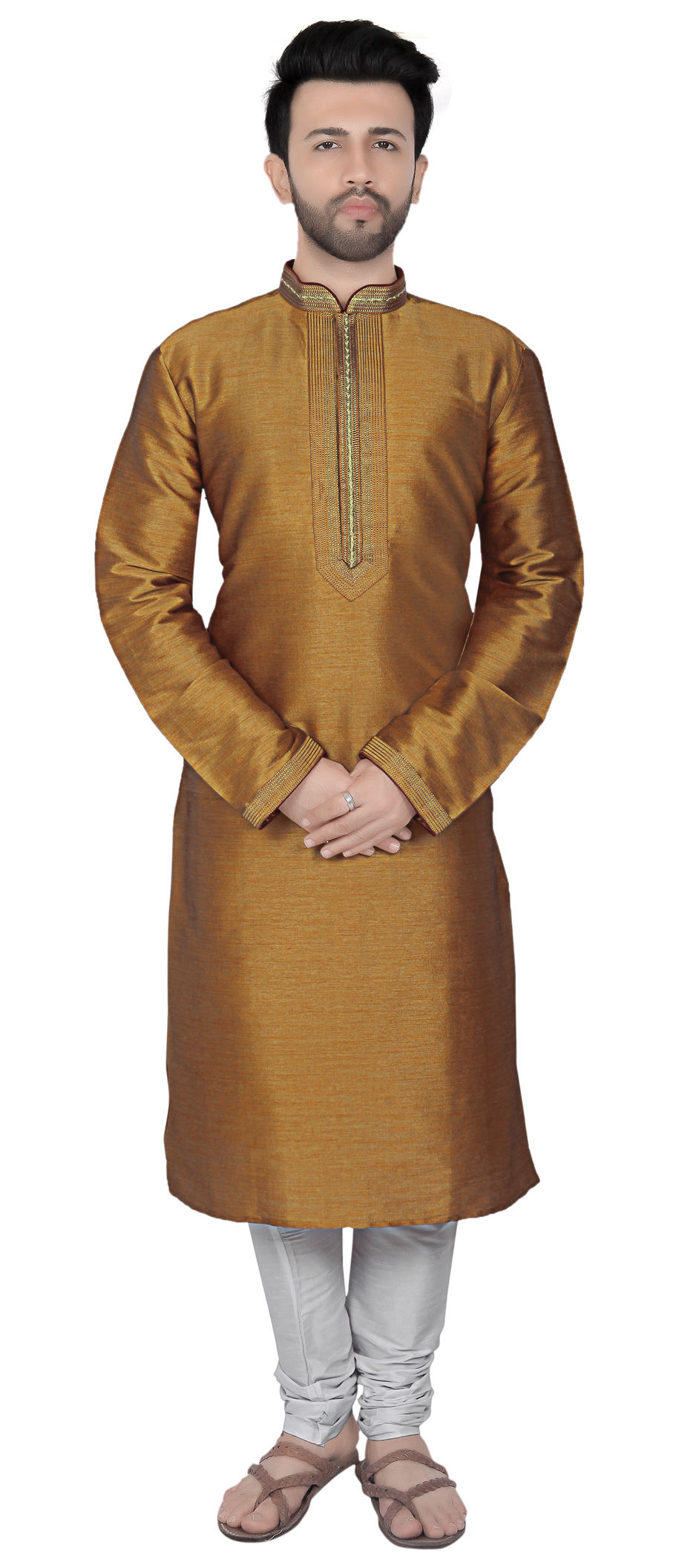 Gold color Linen fabric Kurta Pyjamas : 1566661