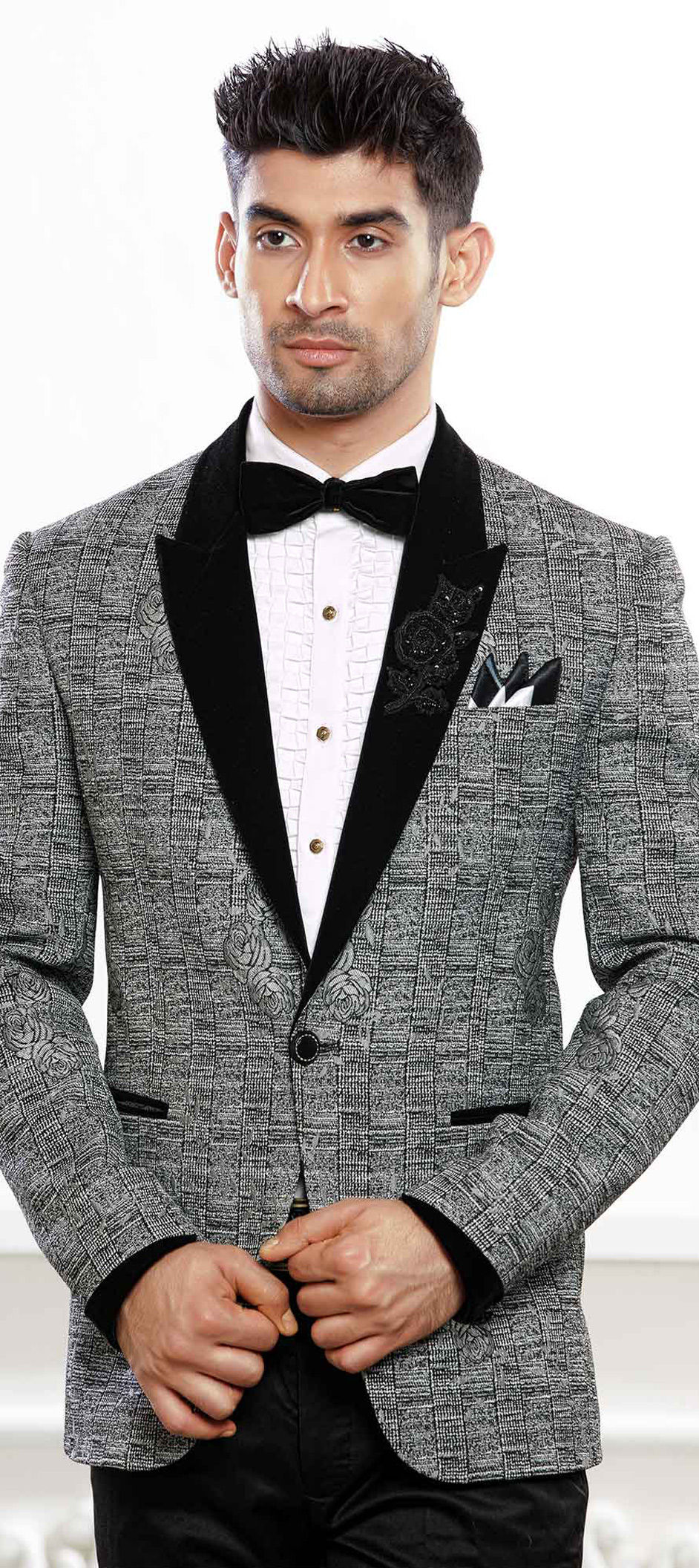 Black and Grey color Linen fabric Tuxedo : 1567223