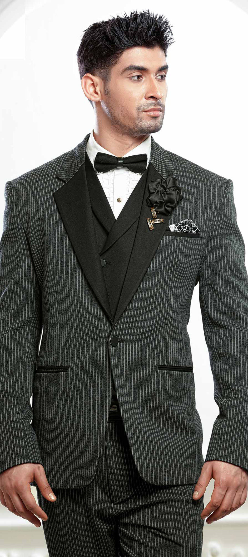 Black and Grey color Brocade fabric Tuxedo : 1567229