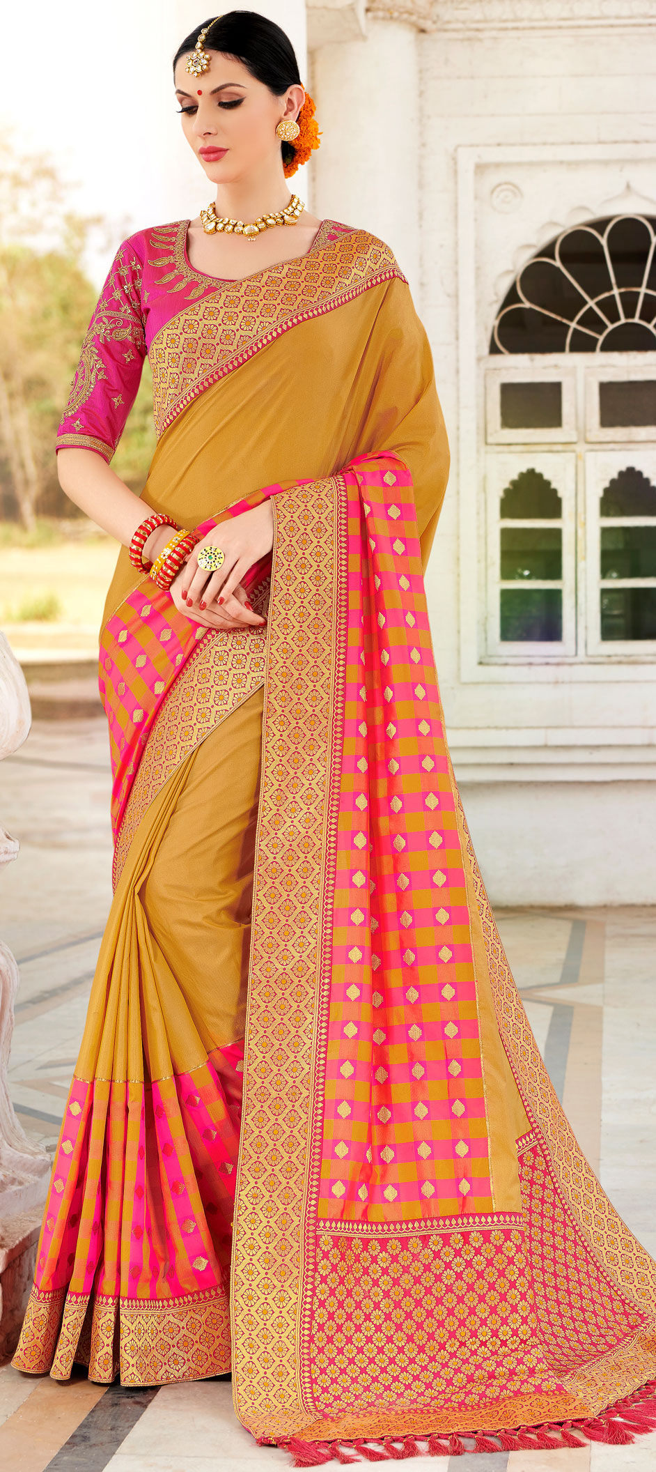 Party Wear, Reception, Traditional Yellow color Fancy Fabric fabric ...