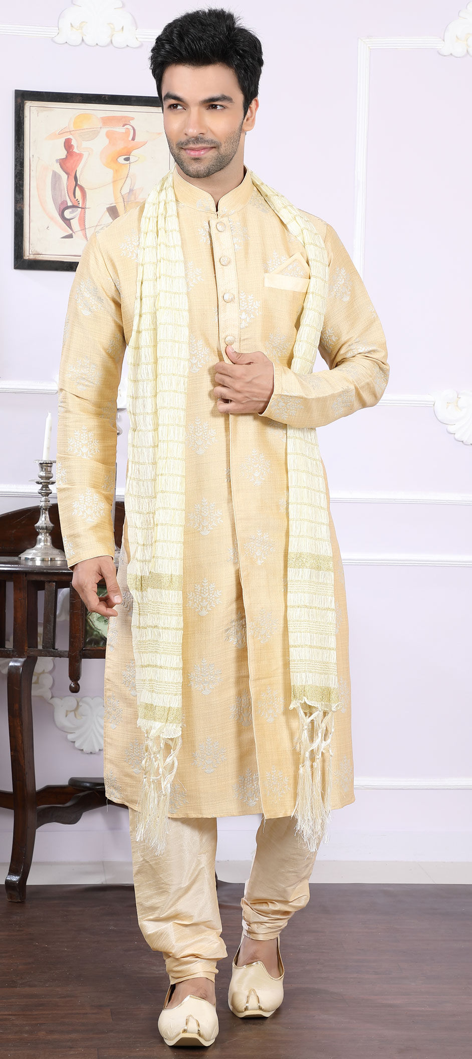 Gold color Silk fabric Kurta Pyjamas : 1568153
