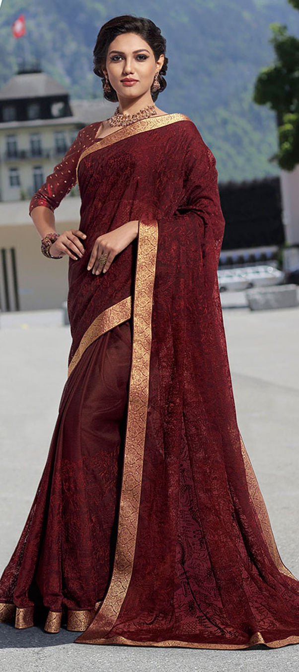 Party Wear, Reception, Wedding Red and Maroon color Chiffon fabric ...