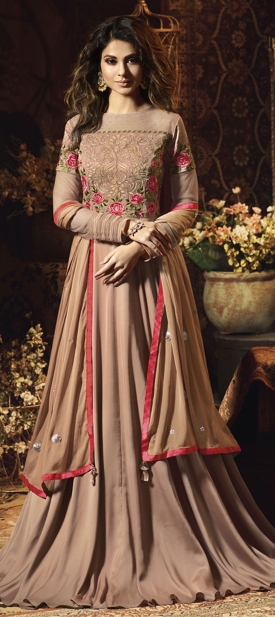 Party Wear, Reception Beige and Brown color Net, Satin Silk fabric Gown ...