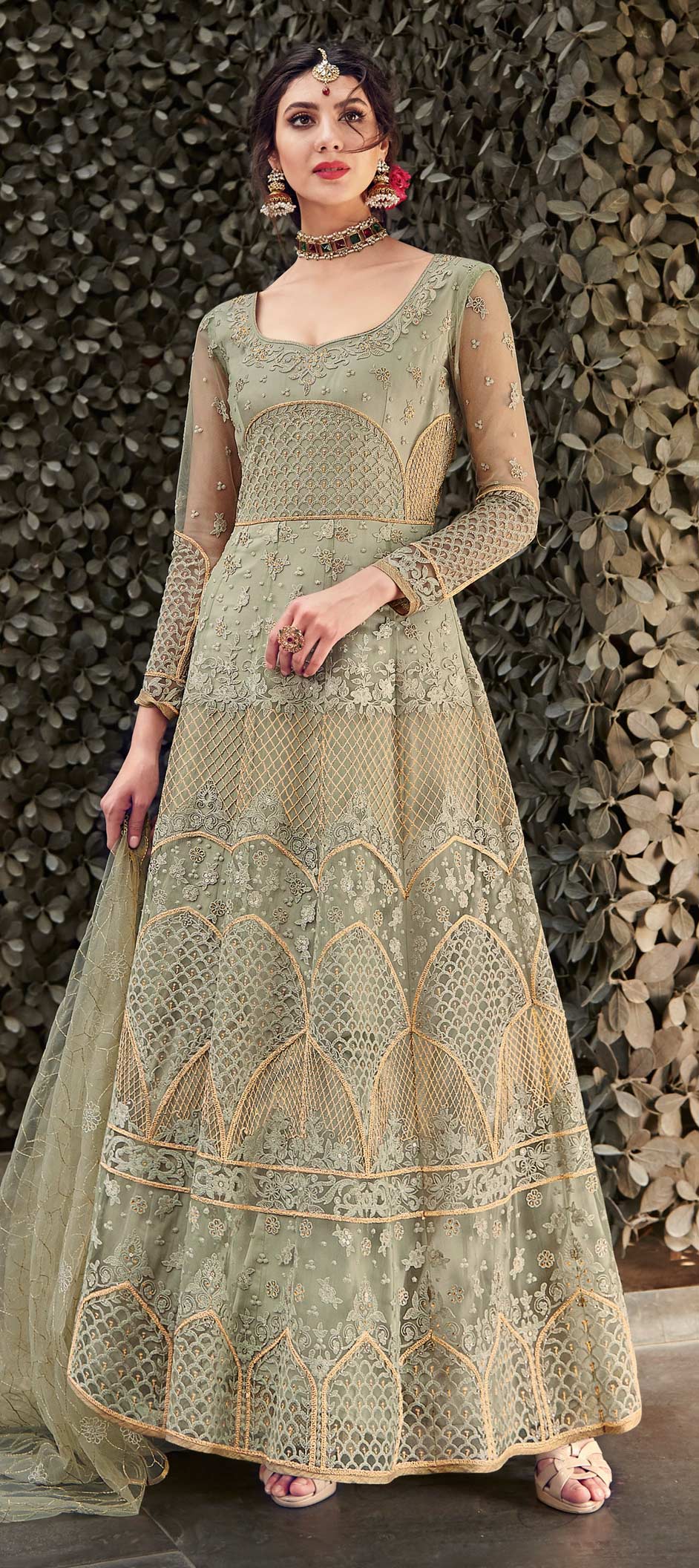 Festive, Party Wear, Reception Green color Net fabric Gown : 1568901