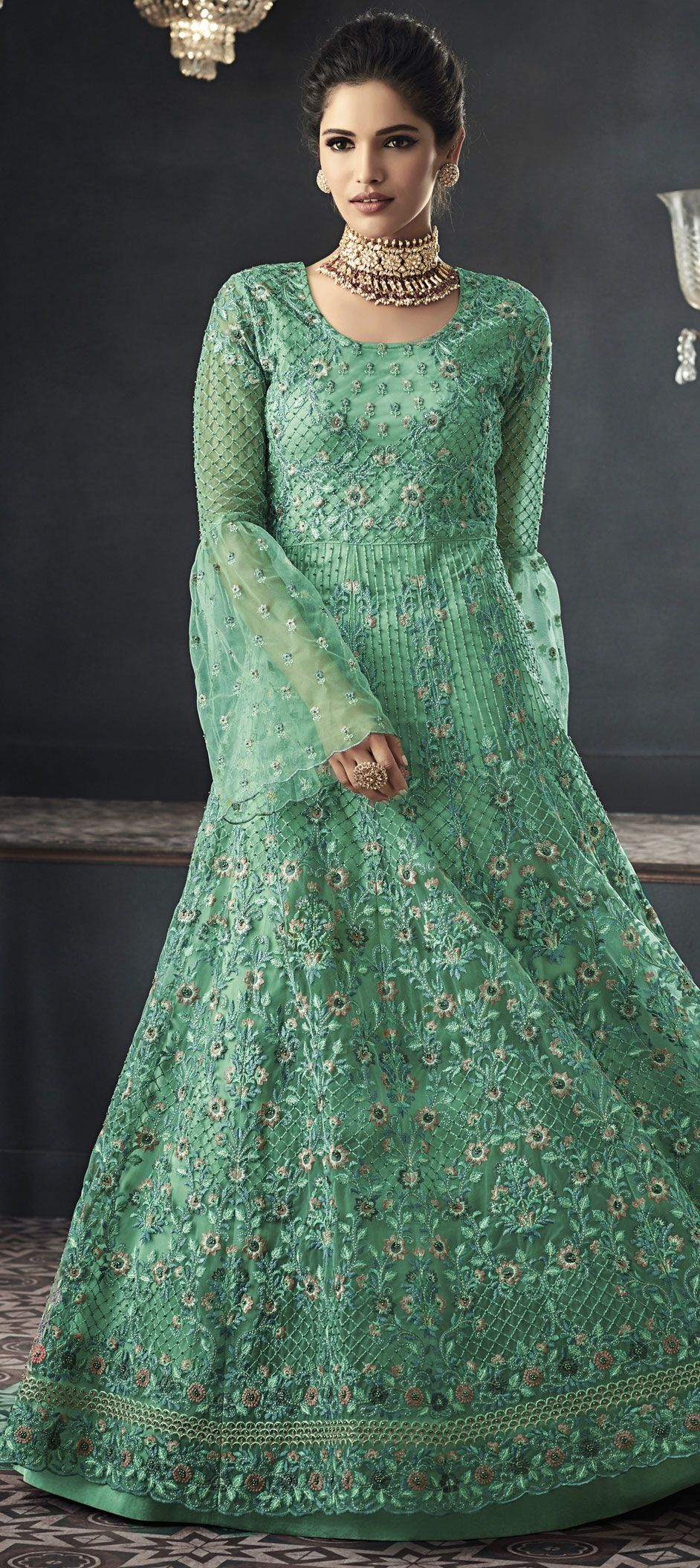 Bridal, Party Wear, Reception Green color Net fabric Salwar Kameez ...