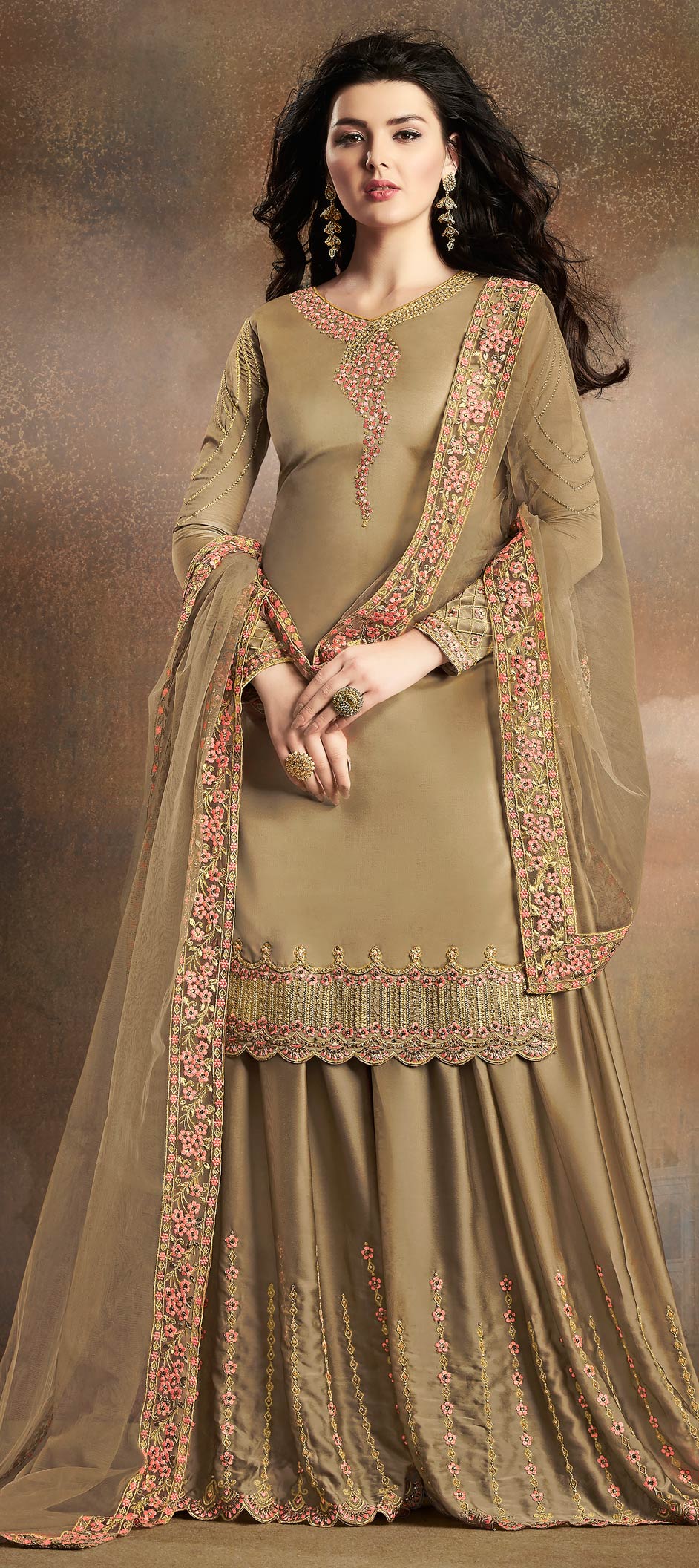 Bollywood Beige and Brown color Silk fabric Salwar Kameez : 1570128