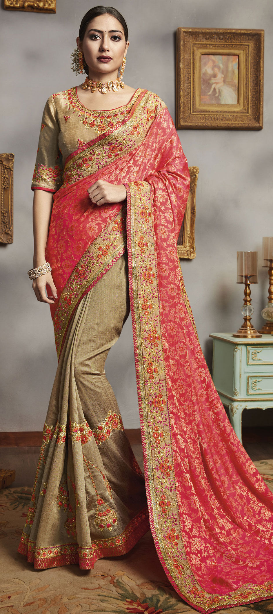 Traditional Beige and Brown, Pink and Majenta color Jacquard, Silk ...