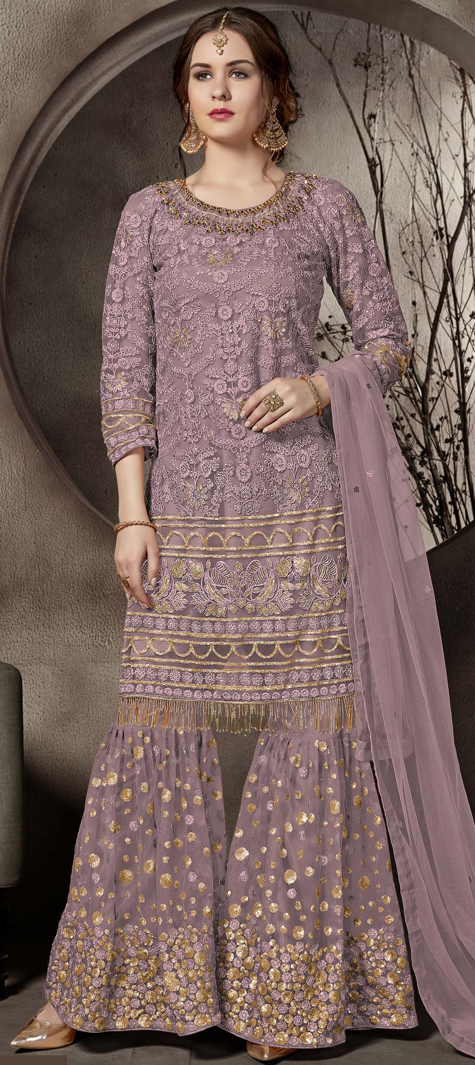 Mehendi Sangeet, Party Wear, Reception Purple and Violet color Net ...