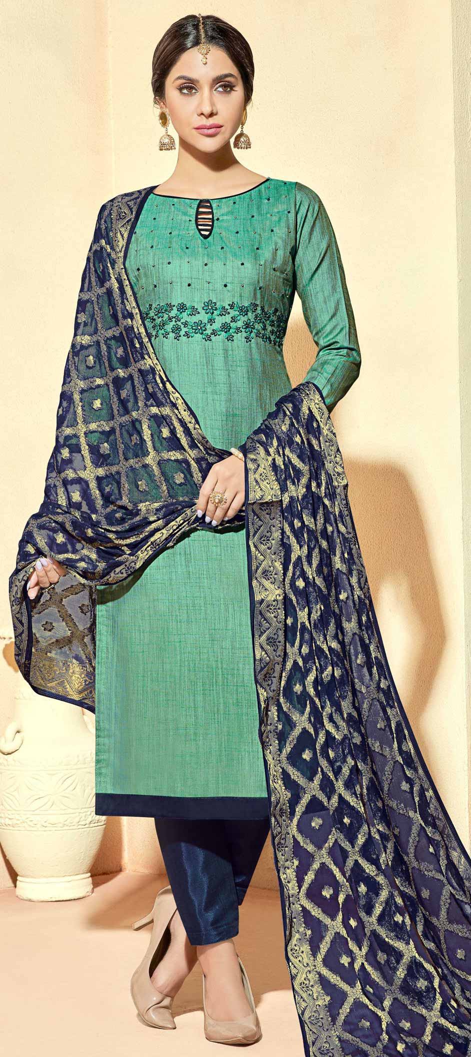 Mehendi Sangeet, Party Wear, Reception Green color Banarasi Silk, Silk ...