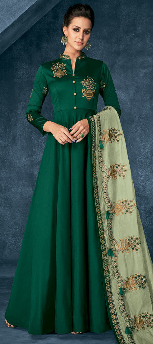 Mehendi Sangeet, Party Wear, Reception Green color Silk fabric Salwar ...