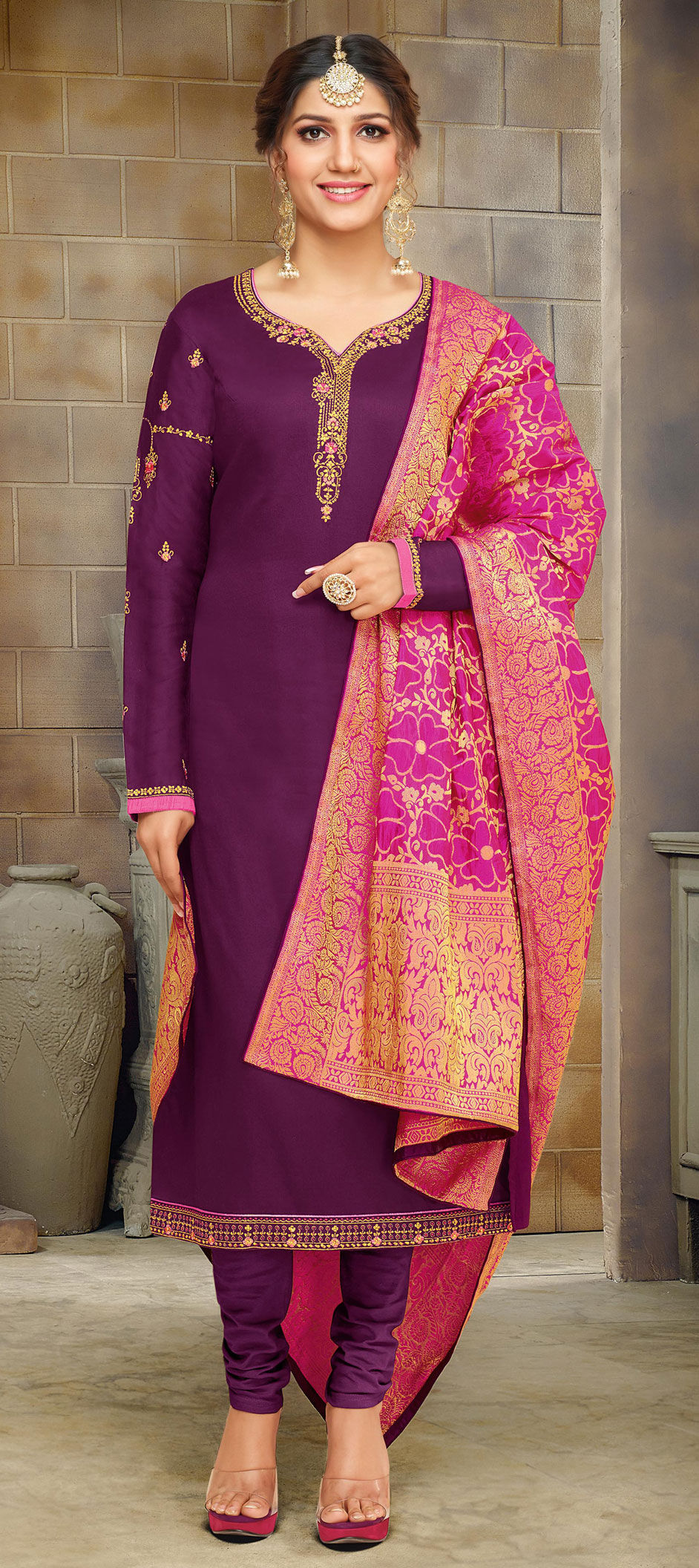 Party Wear Purple and Violet color Cotton fabric Salwar Kameez : 1573484