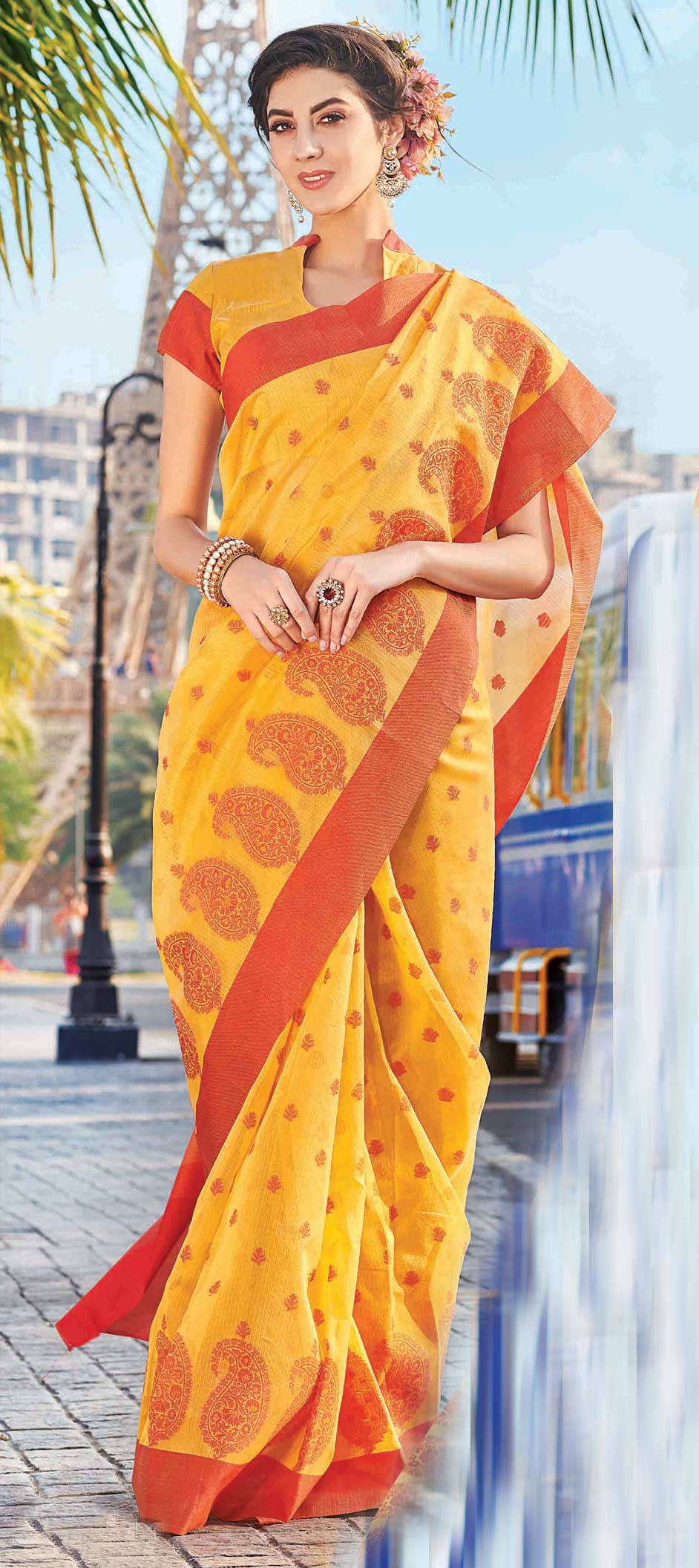 Traditional Yellow color Cotton fabric Saree : 1573962