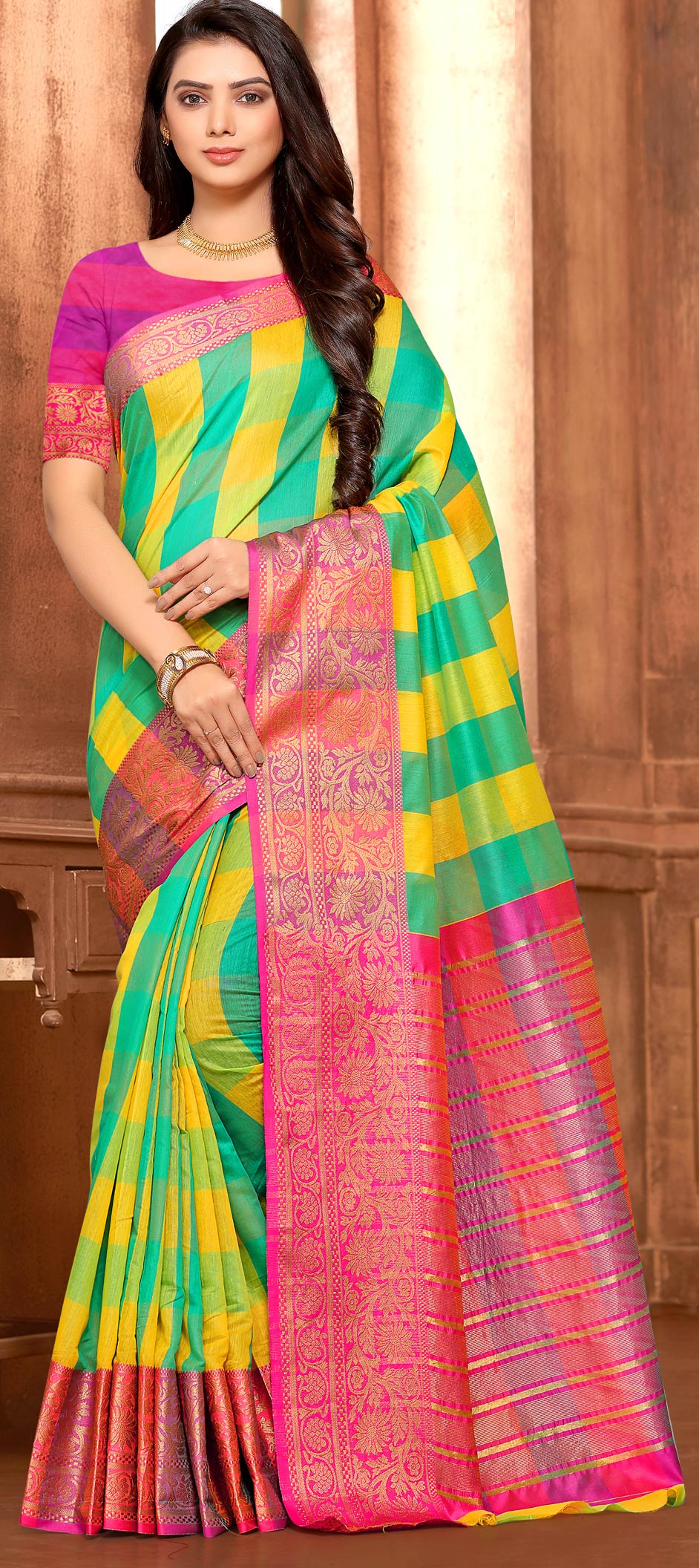 Traditional Blue, Yellow color Cotton fabric Saree : 1574365